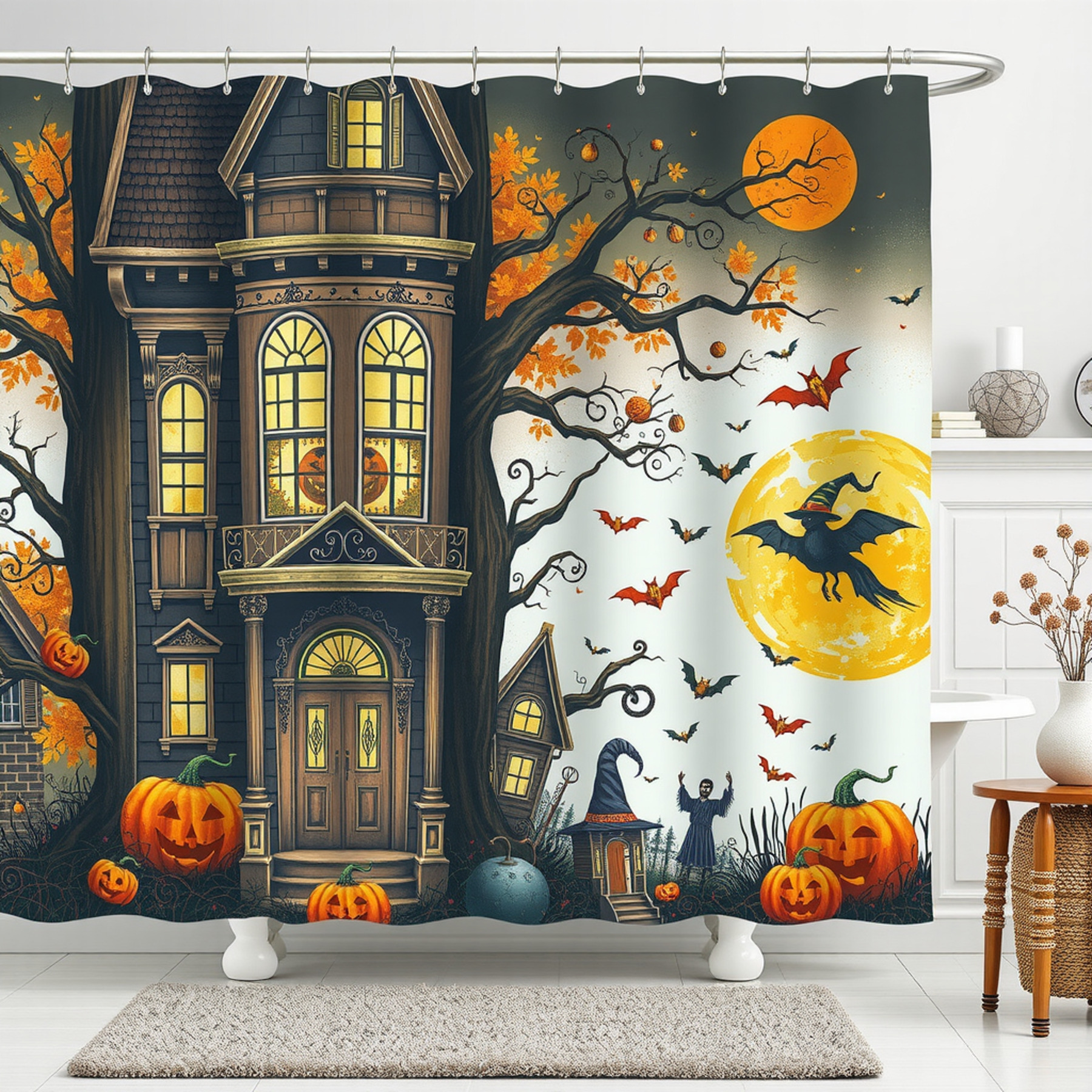 Whimsical Halloween Shower Curtain - Spooky Victorian House & Pumpkin ...