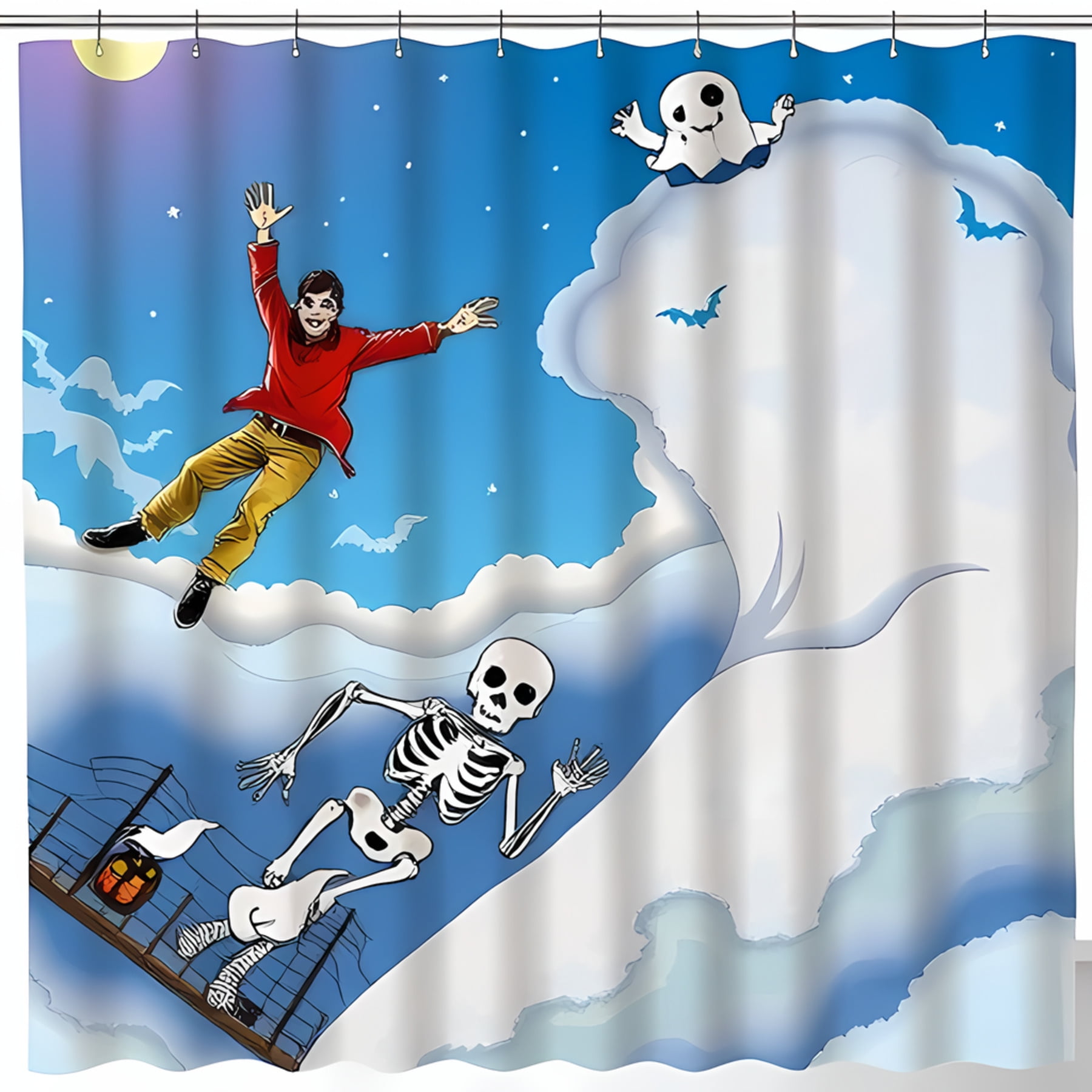 Whimsical Halloween Shower Curtain - Vibrant Night Sky with Stars Bats ...