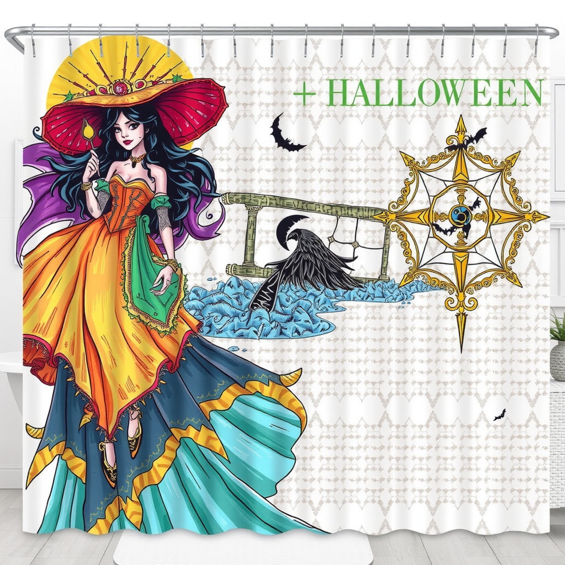 Whimsical Halloween Shower Curtain - Witch Bats & Moons for Spooky ...