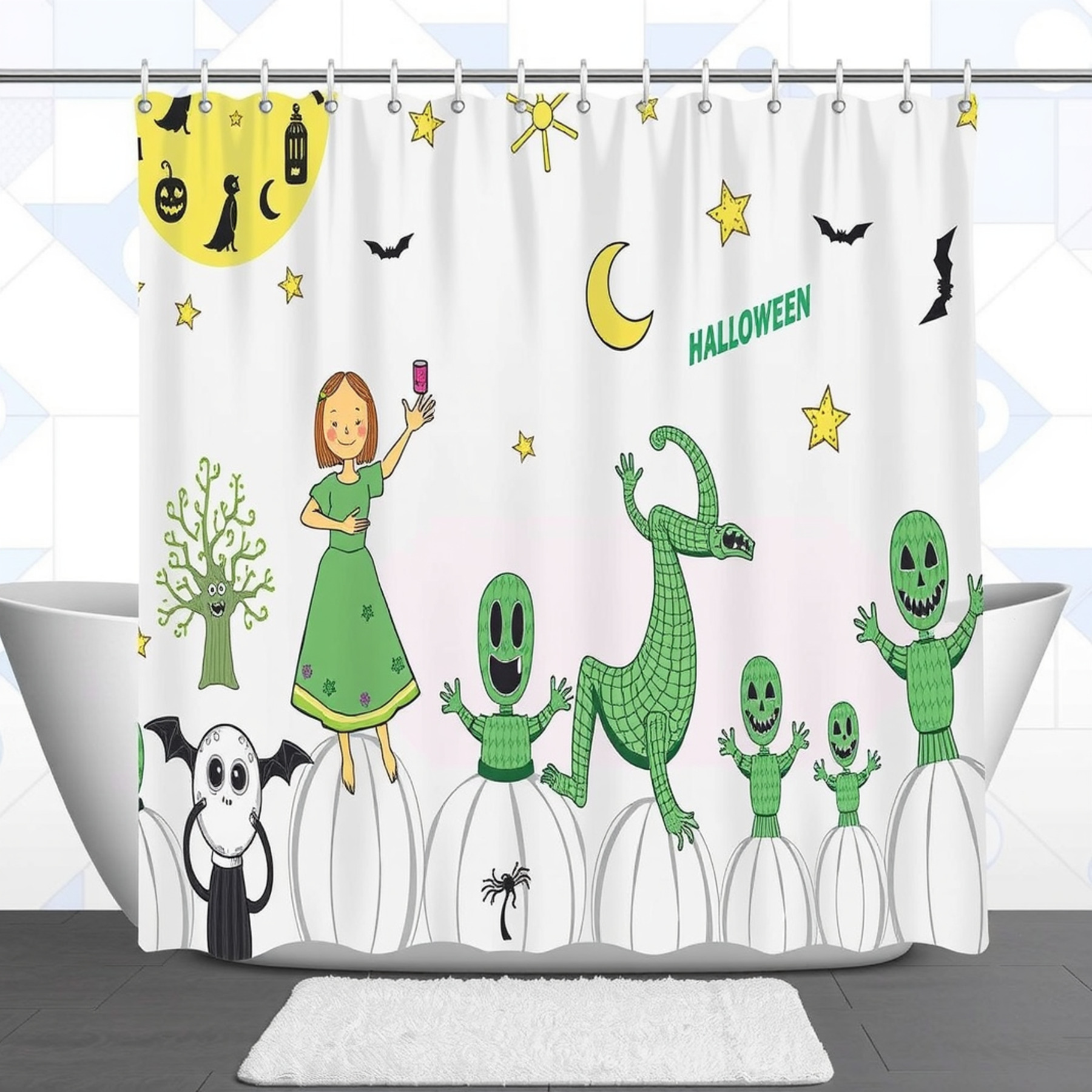 Whimsical Halloween Shower Curtain with Cartoon Characters, Green Dress ...