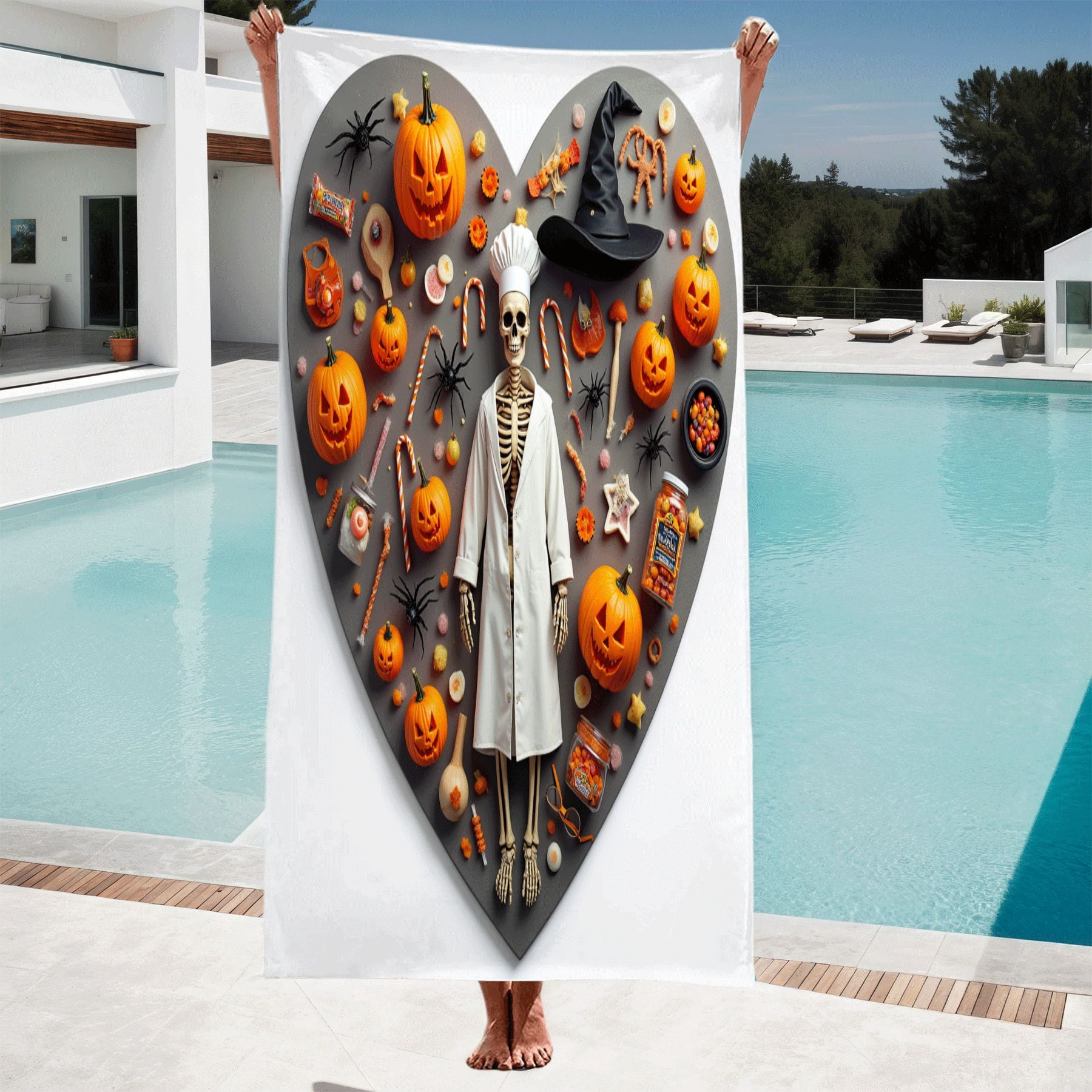 Whimsical Halloween Skeleton Beach Towel - Fun Pumpkins Candy & Spiders ...