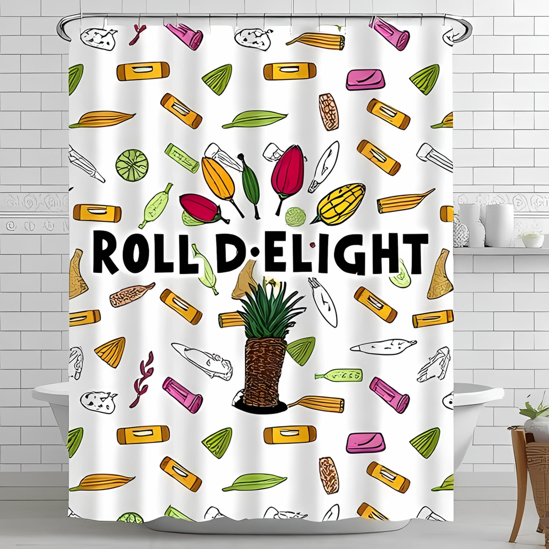 Whimsical Hand-Drawn Shower Curtain with Colorful Fruits & Plants ...