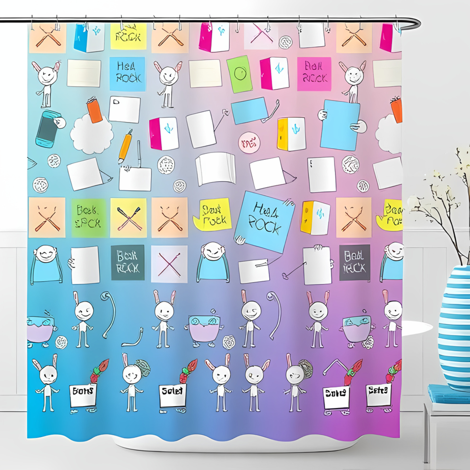 Whimsical Hand-Drawn Shower Curtain with Gradient Blue-Purple ...