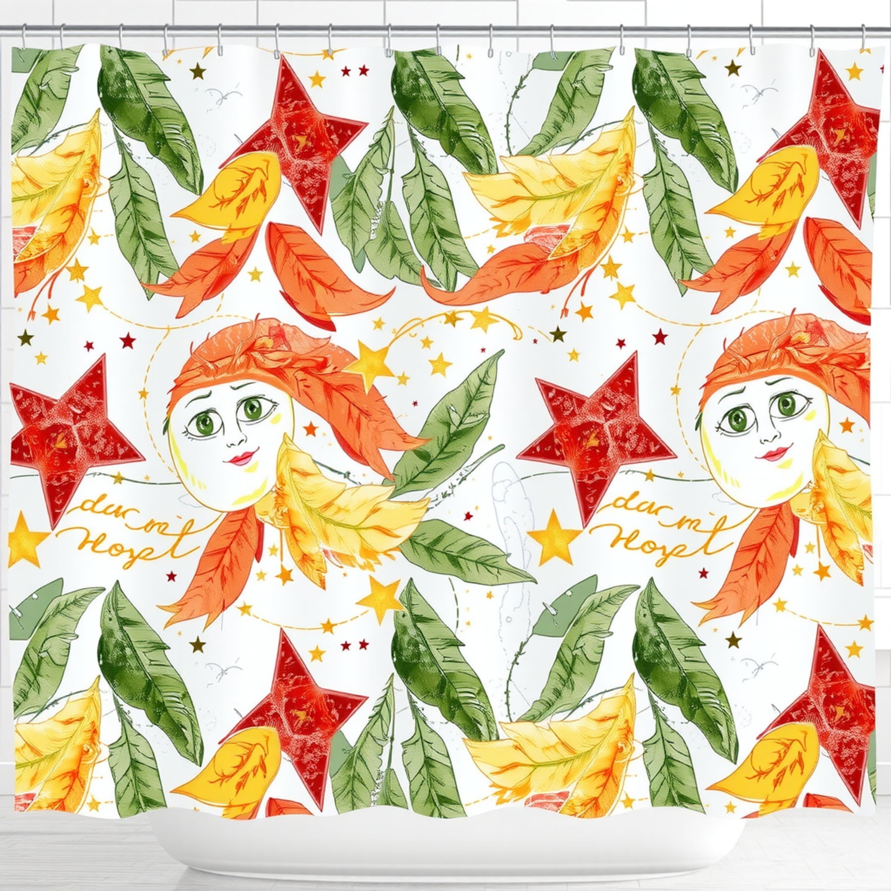 Whimsical Hand-Drawn Shower Curtain with Stars, Feathers & Moons - "Das ...