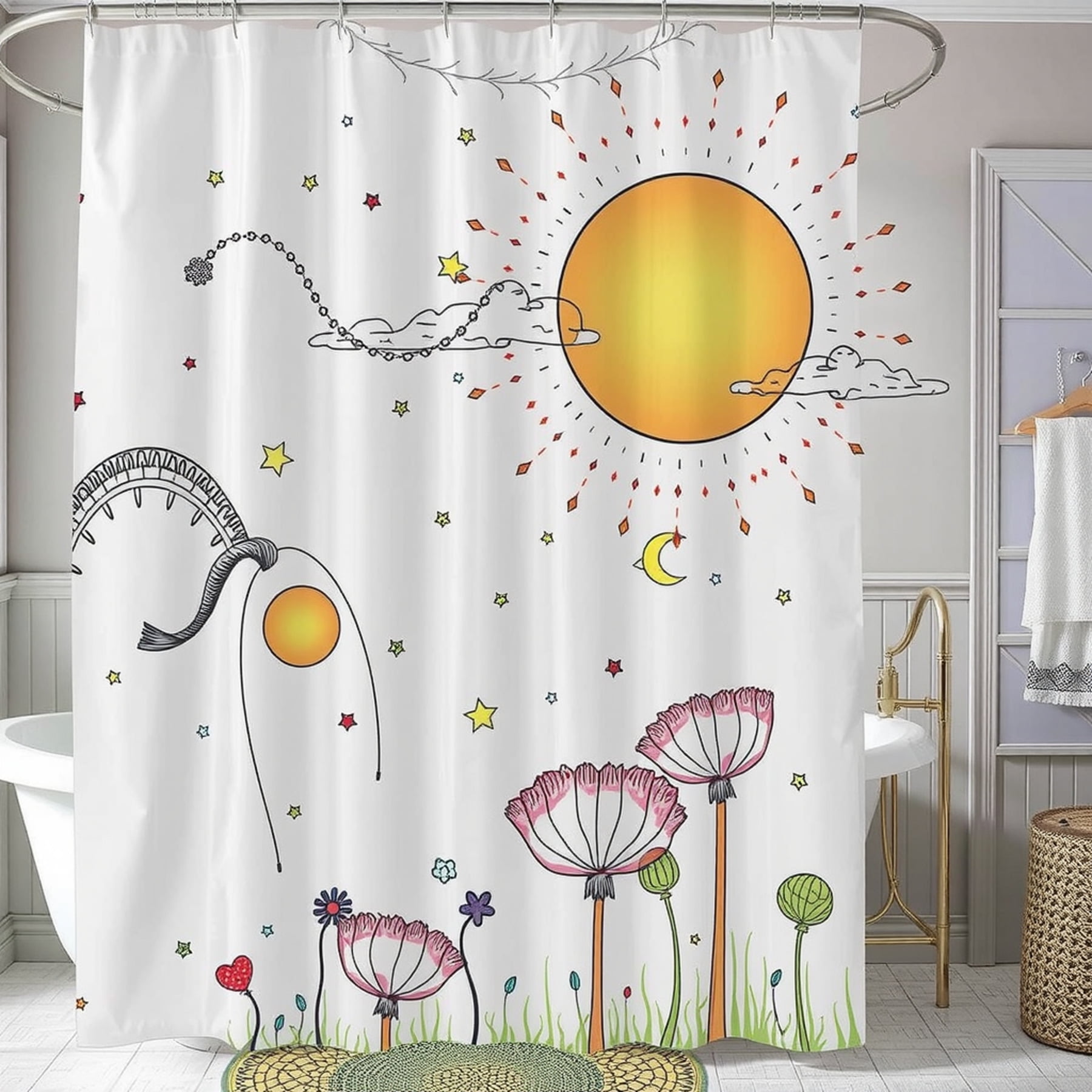 Whimsical Hand-Drawn Shower Curtain with Sun, Moon & Floral Design ...