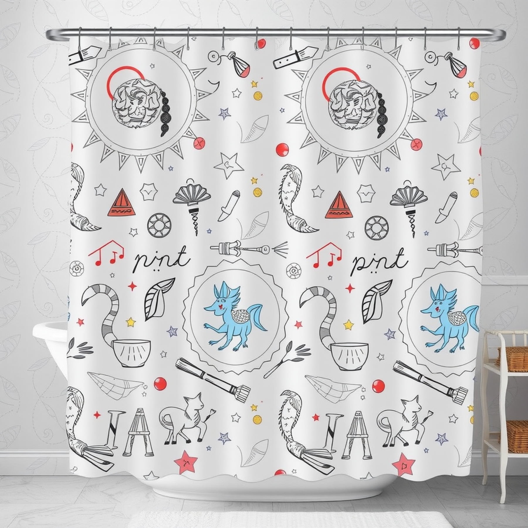 Whimsical Hand-Drawn Shower Curtain with Suns, Stars, Cats s - Walmart.com