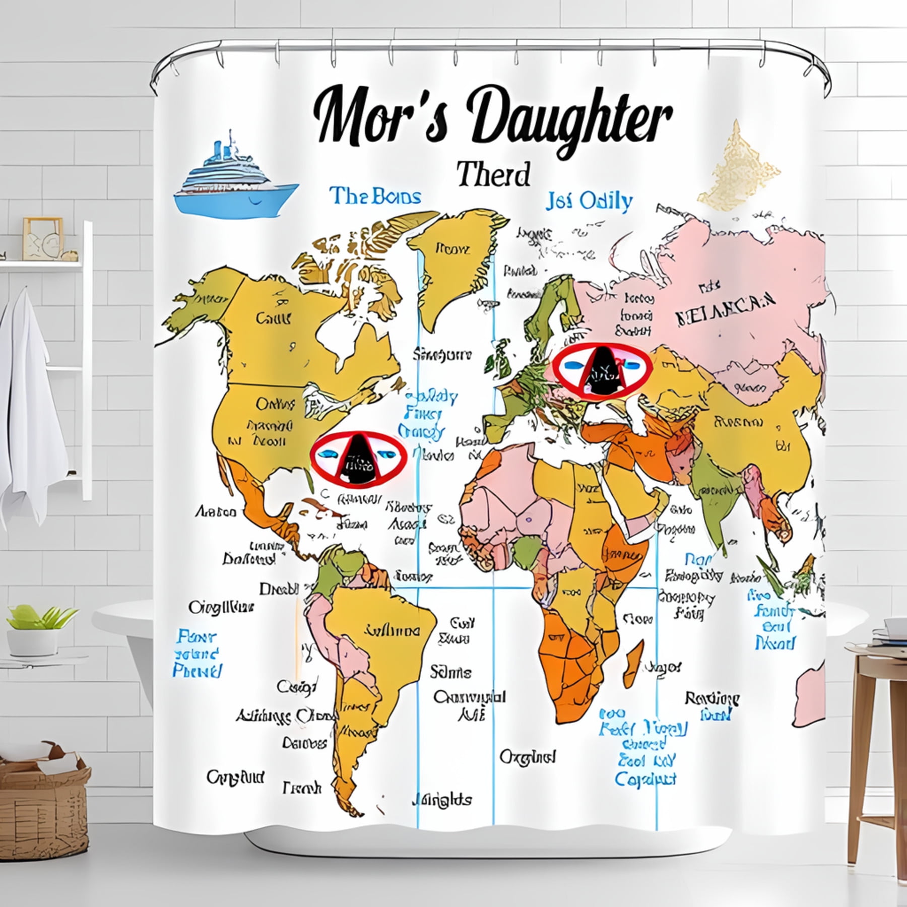 Whimsical Hand-Drawn World Map Shower Curtain with Invented Place Names ...