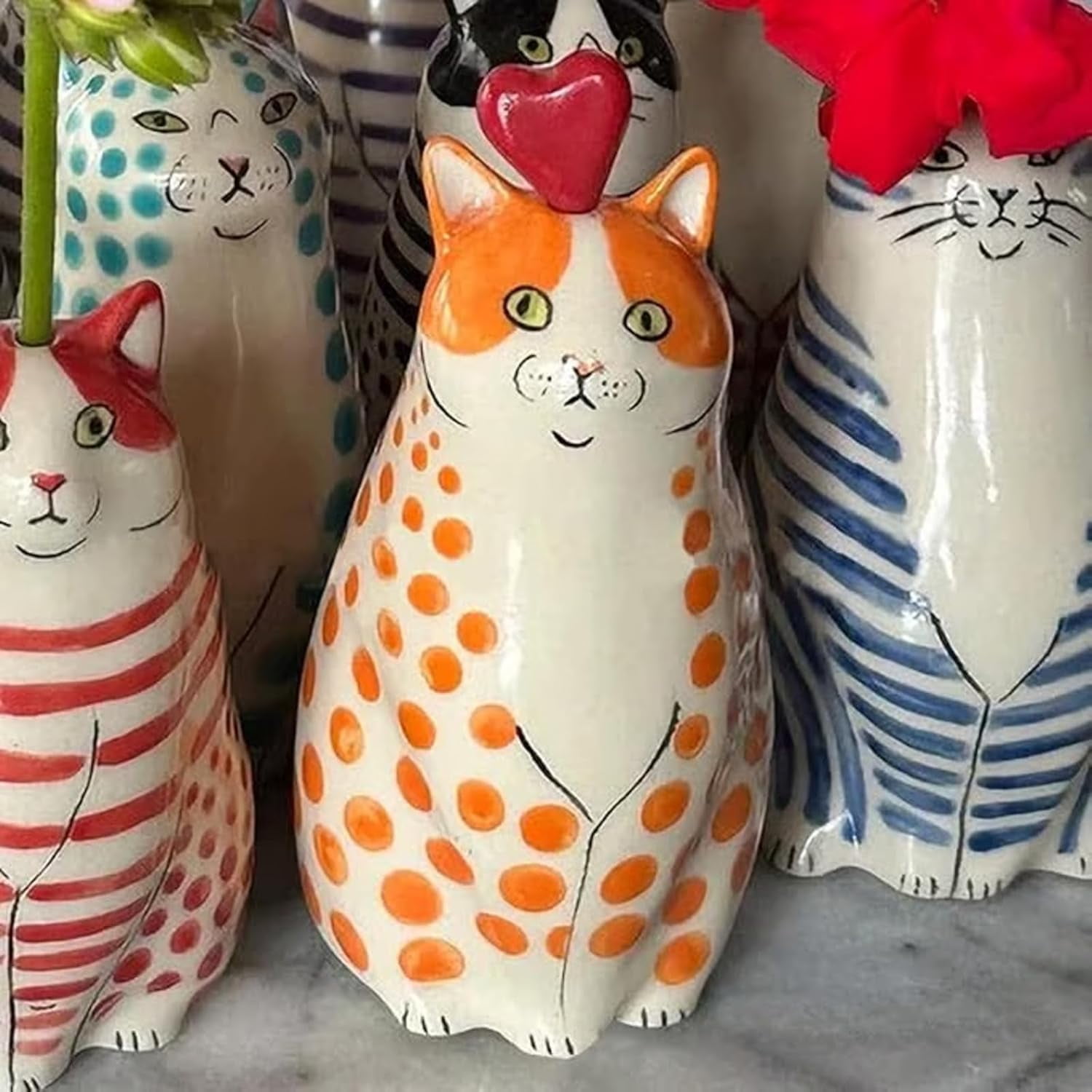 Whimsical Hand-Painted Cat Vase Collection, Whimsical Handmade Polka ...