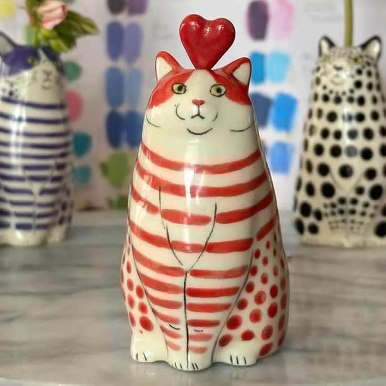 Whimsical Hand-Painted Cat Vase Collection, Whimsical Handmade Polka ...