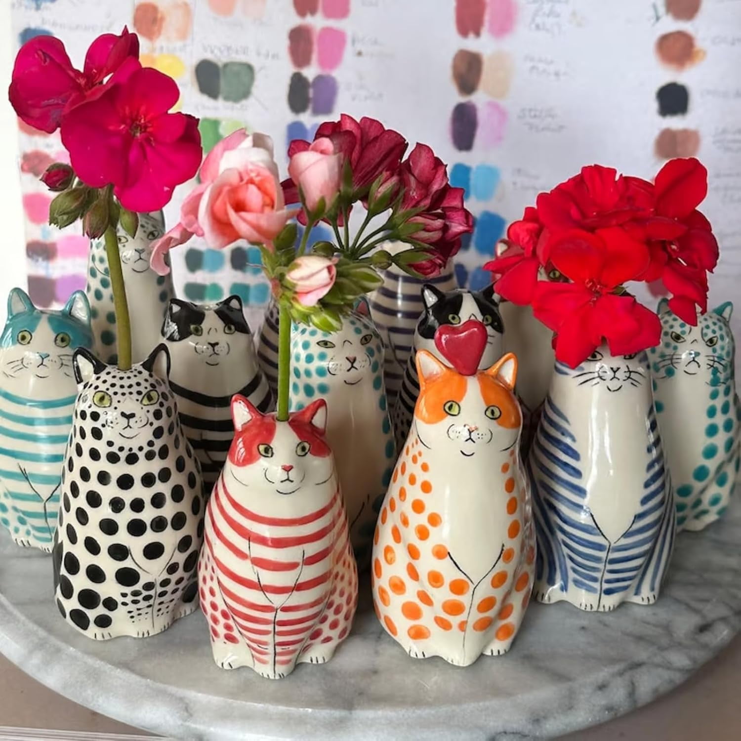 Whimsical Hand-Painted Cat Vase Collection, Whimsical Handmade Polka ...