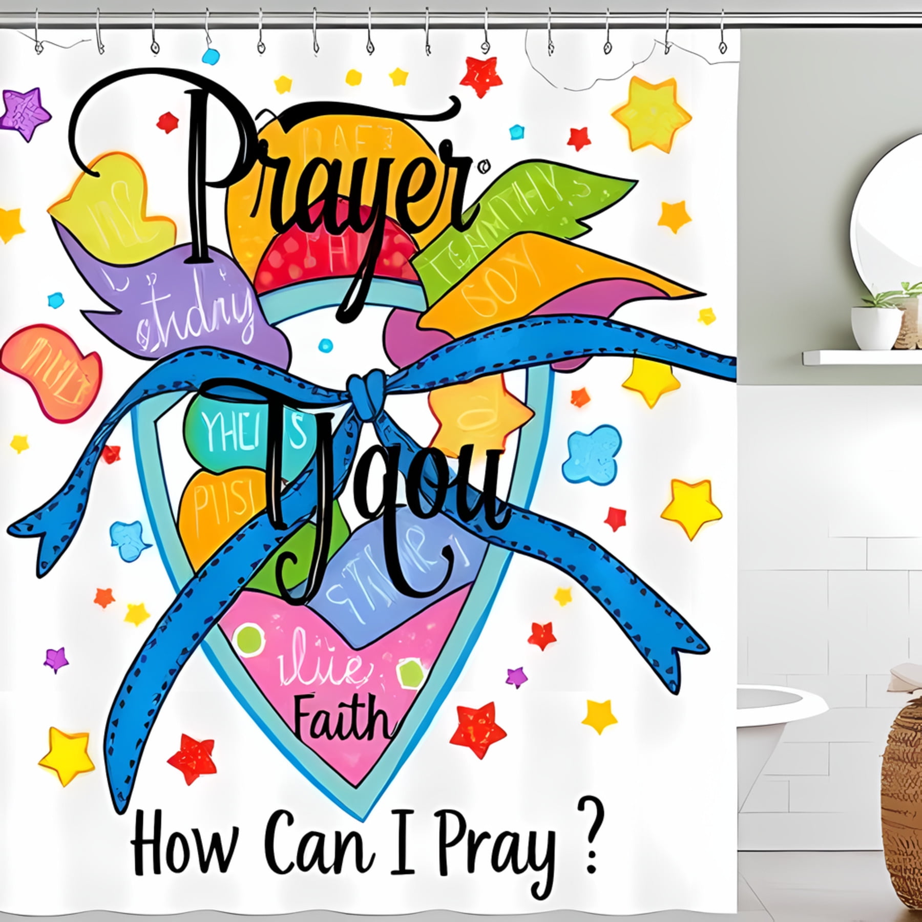 Whimsical Heart-Shaped Prayer Shower Curtain with Colorful Words Blue ...