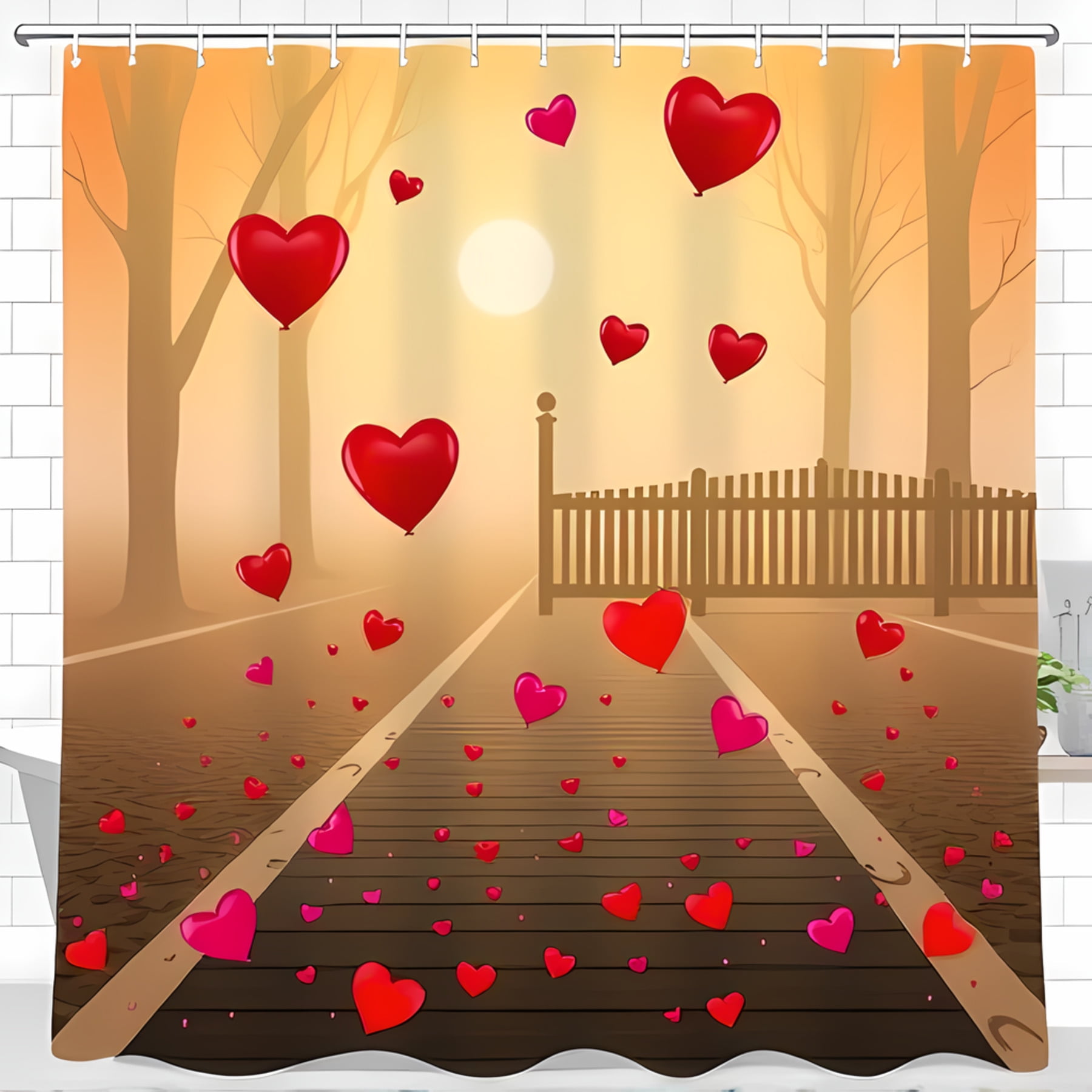 Whimsical Heart Shower Curtain - Romantic Sunset Pathway Design for ...