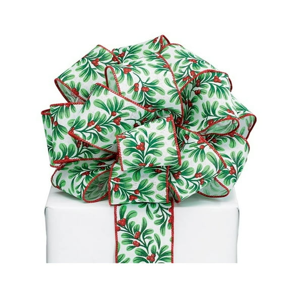 Whimsical Holly and Berries on White Wired Ribbon - 1.5 Inches Wide x ...