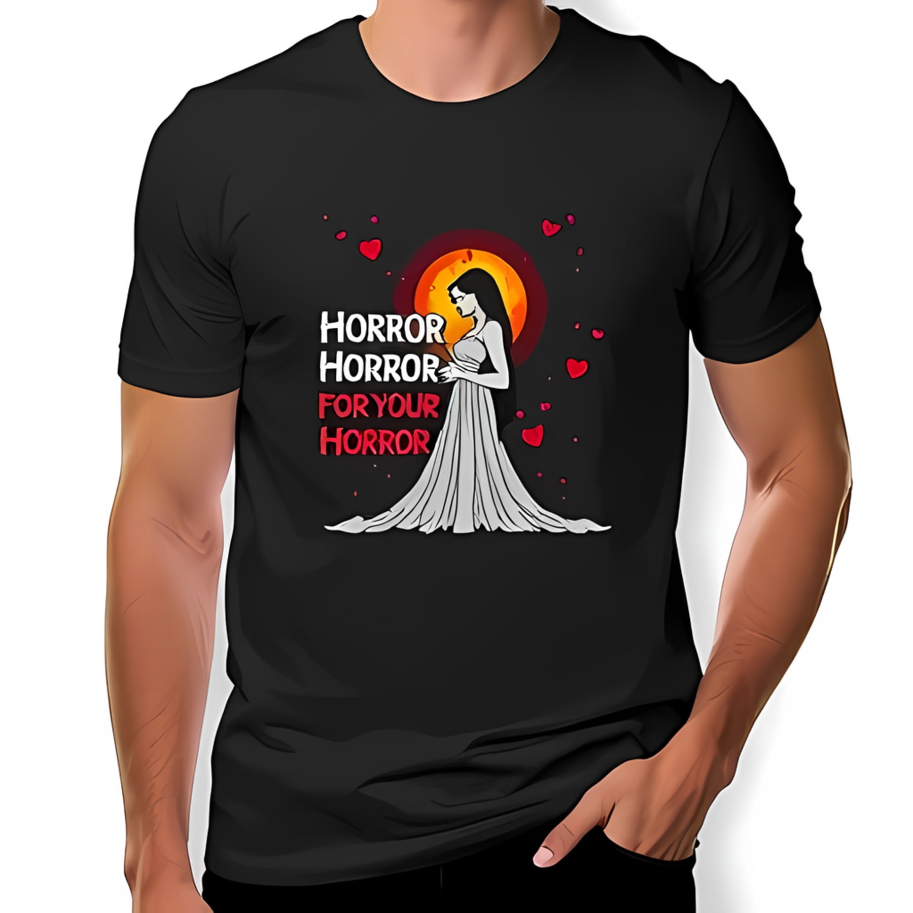Whimsical Horror Themed Cotton Short Sleeve T-Shirt with Haunting Woman ...