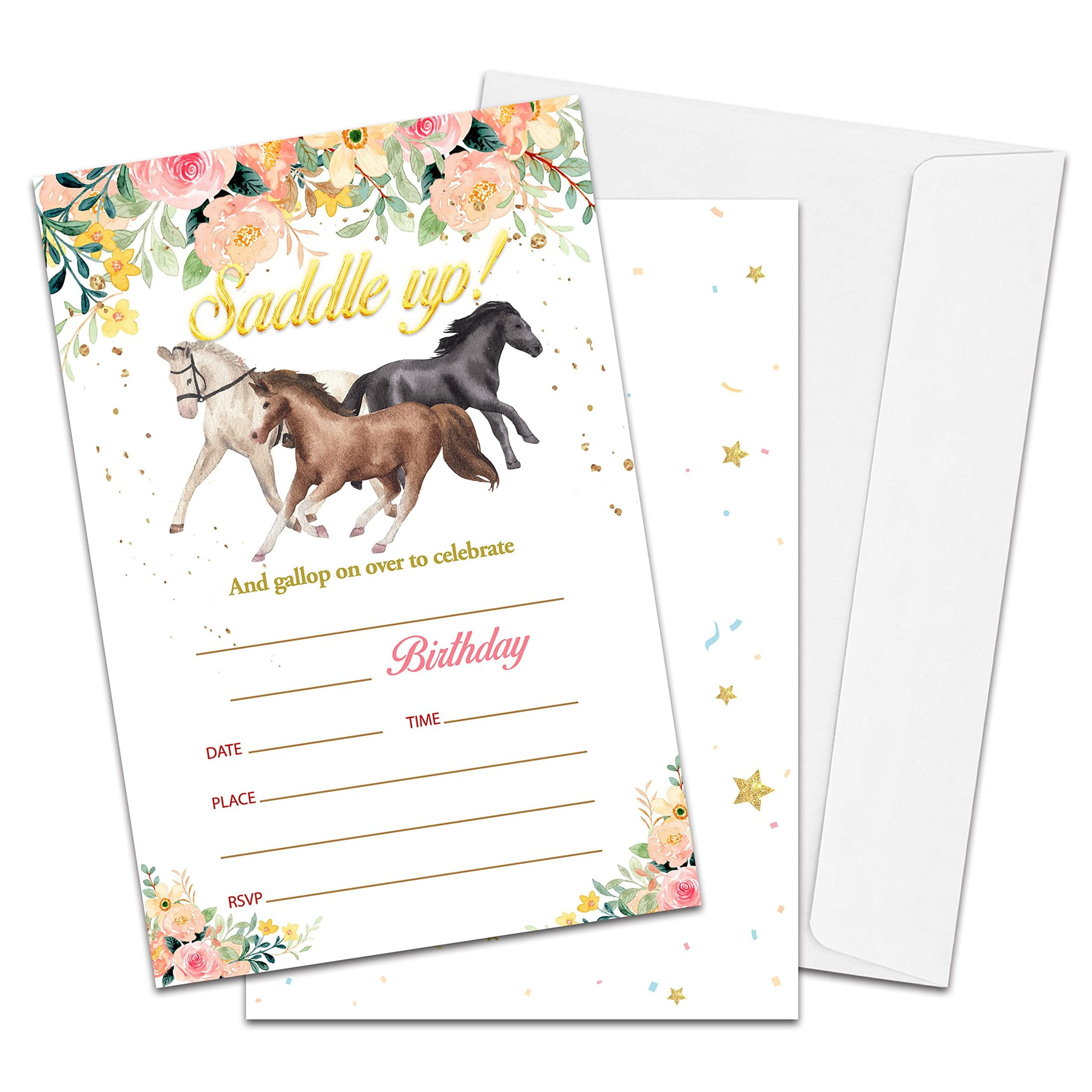 Whimsical Horse Rodeo Birthday Invitations - Watercolor Floral Fill-in ...