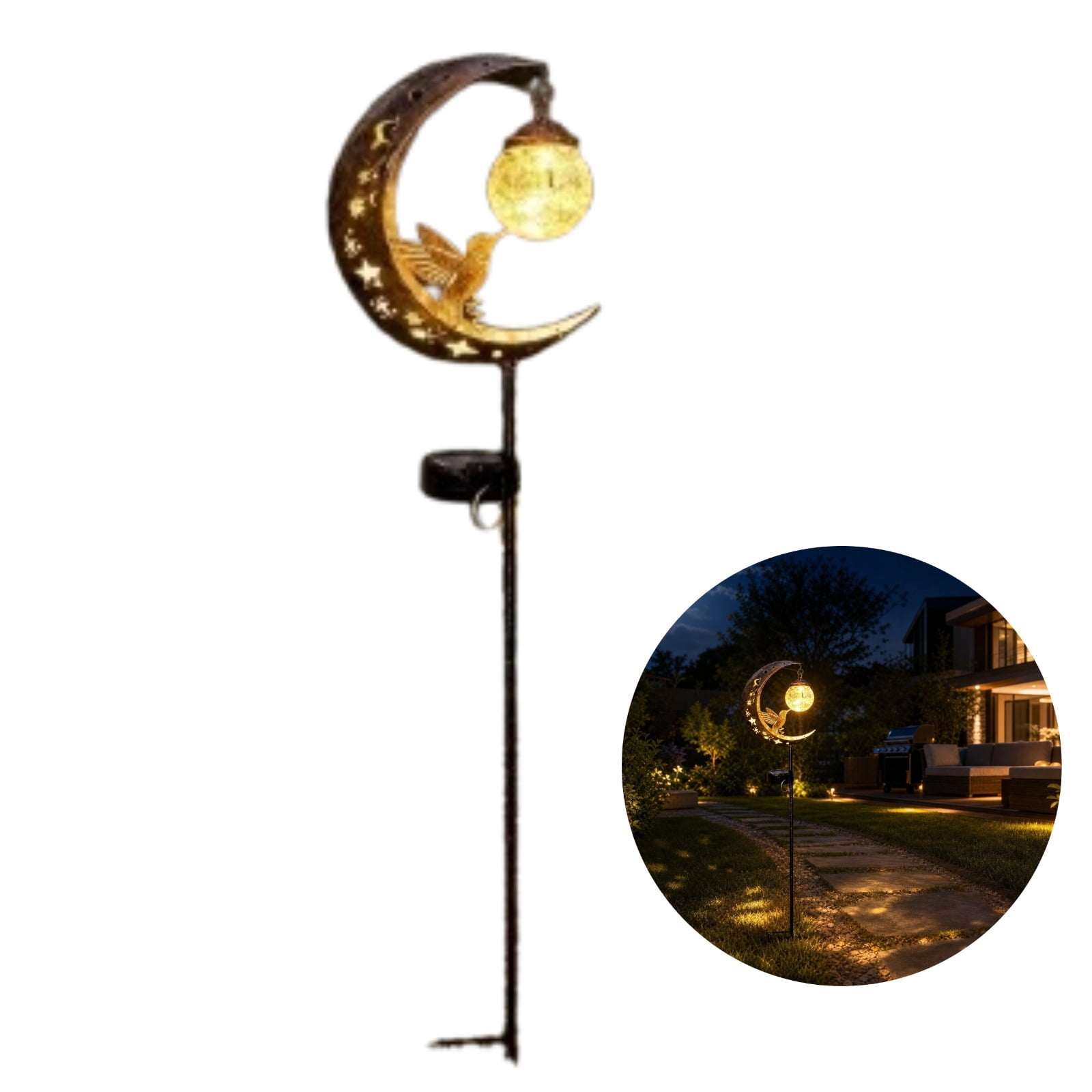 Whimsical Hummingbird Moon Solar Stake Light, Crackle Glass Warm LED ...