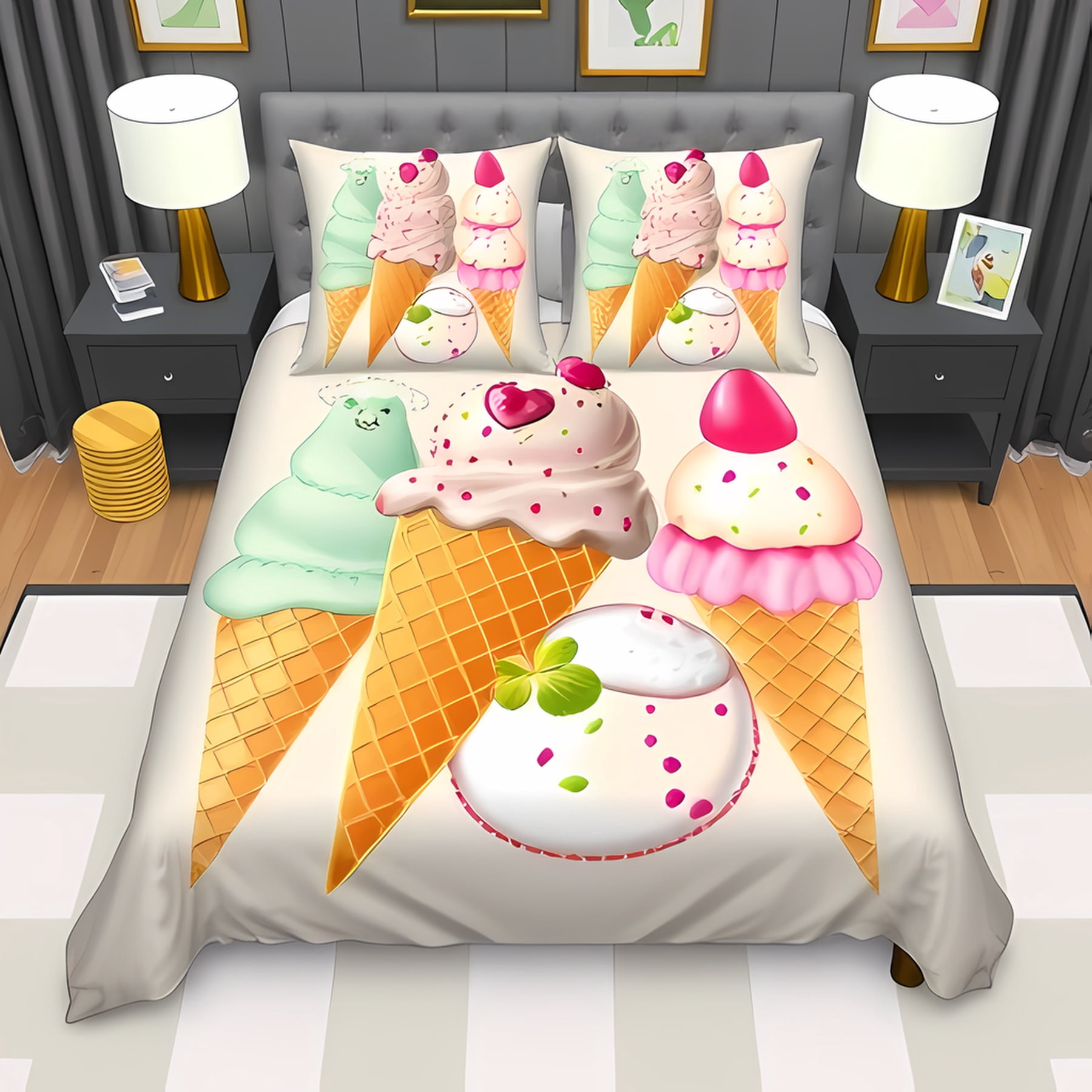 Whimsical Ice Cream 3-Piece Duvet Cover and Pillowcase Set - Pastel ...