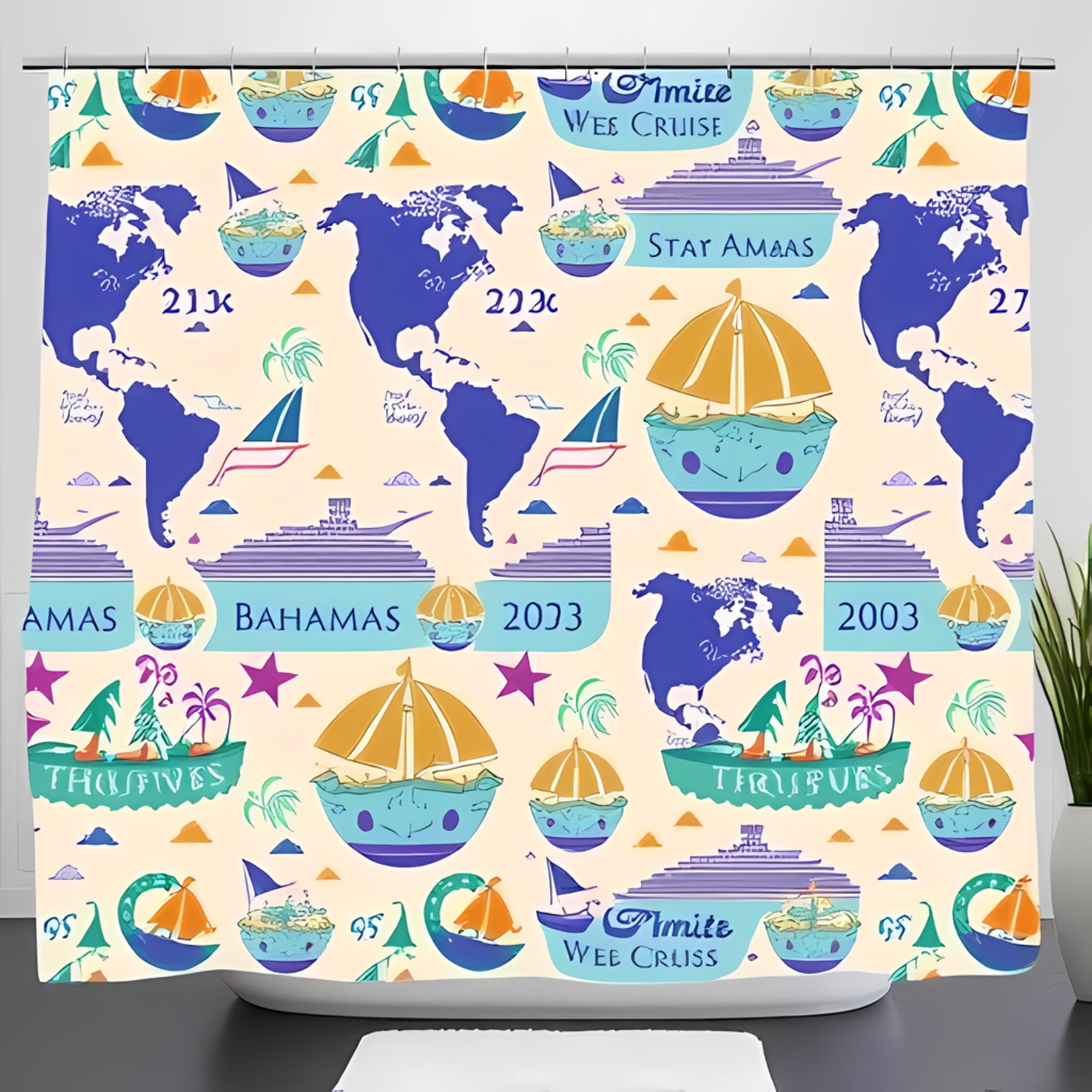 Whimsical Illustrated Shower Curtain with World Maps Cruise Ships and ...