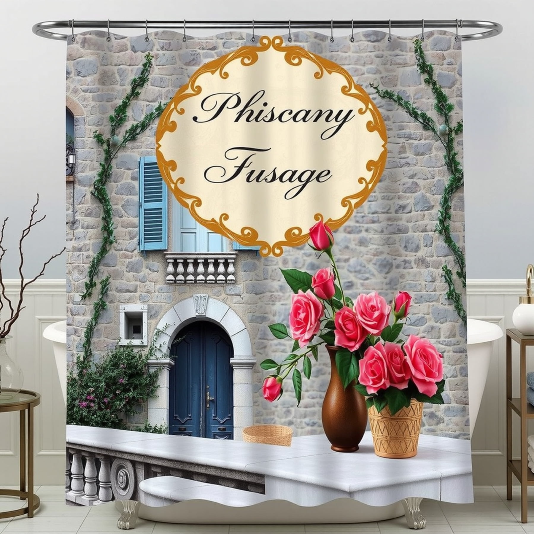 Whimsical Italian-Style Shower Curtain with Blue Door & Pink Roses ...