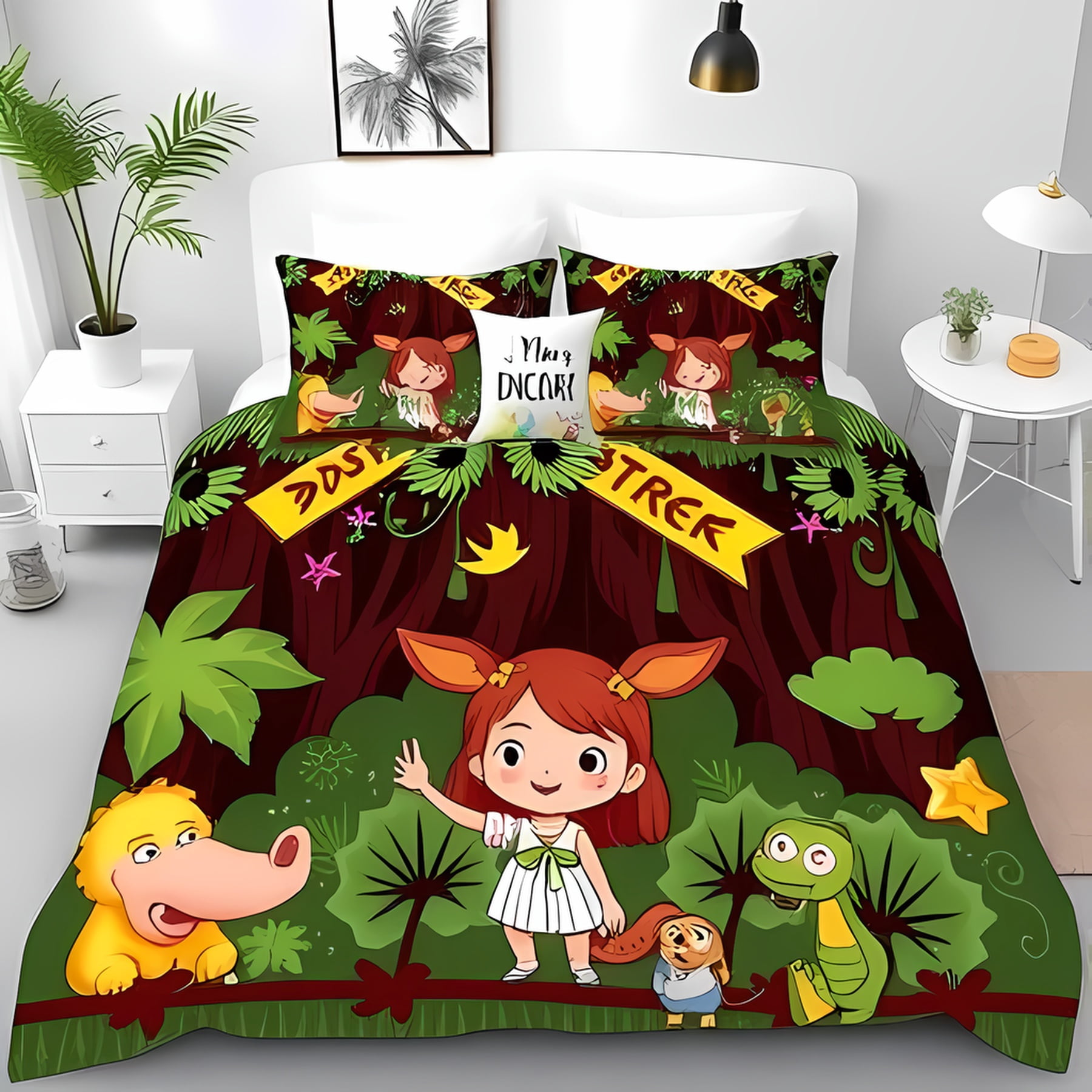 Whimsical Jungle 3-Piece Duvet Cover & Pillowcase Set Vibrant Cartoon ...