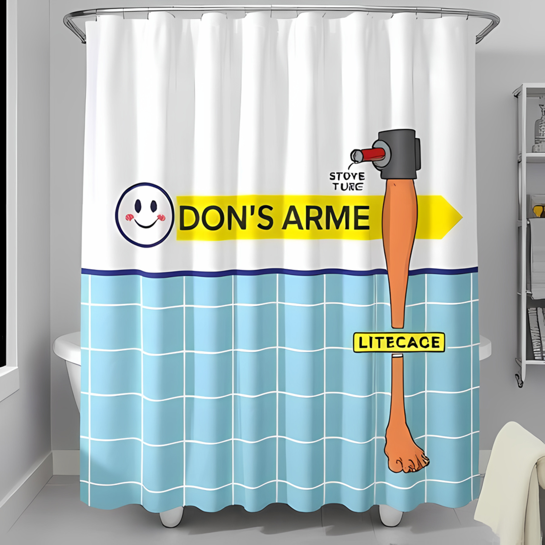 Whimsical Light Blue Tiled Shower Curtain with Cartoon Prosthetic Leg ...