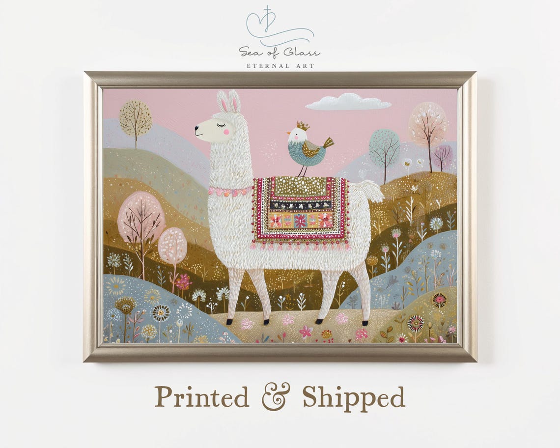 Whimsical Llama and Bird Nursery Wall Art Poster Print Poster – Pastel ...