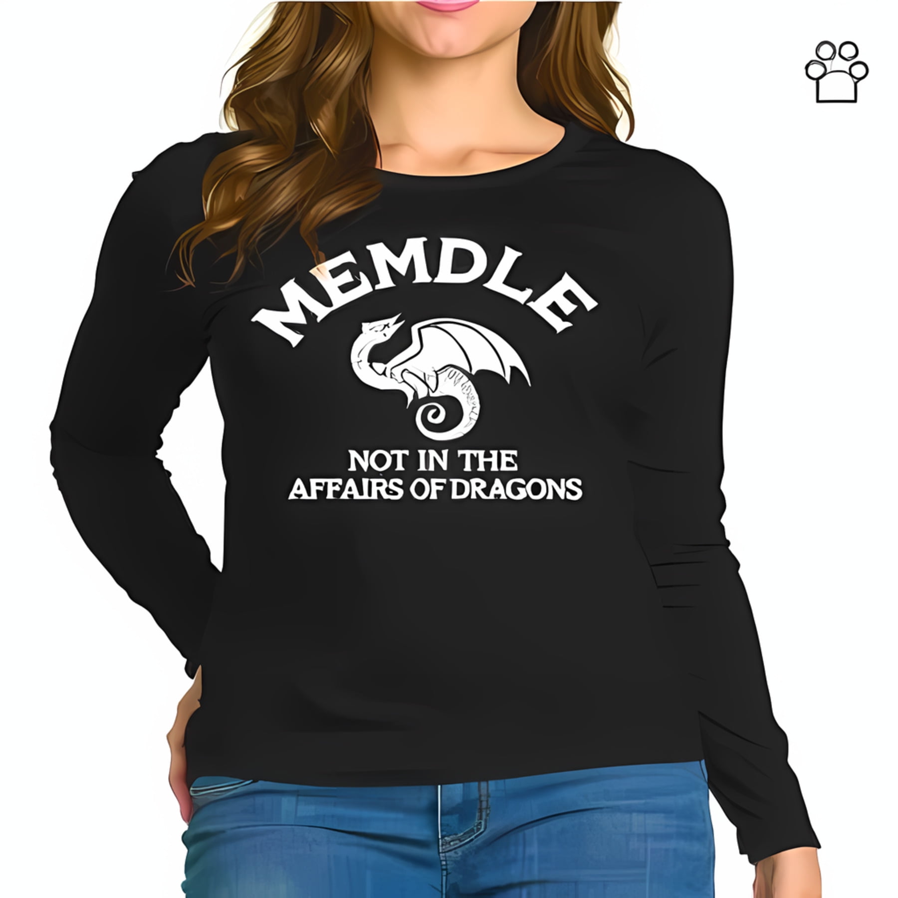 Whimsical Long Sleeve T-Shirt with Bold 'MEMDLE' Print & Playful Dragon ...