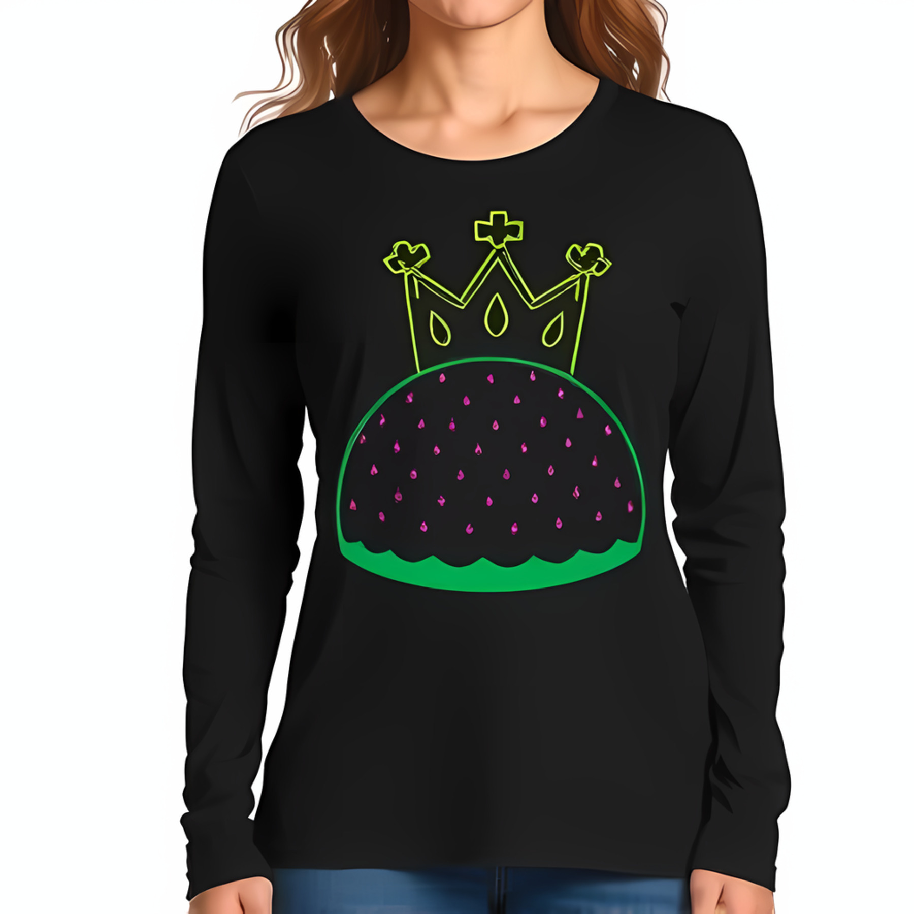 Whimsical Long Sleeve T-Shirt with Crowned Strawberry Graphic Fun ...
