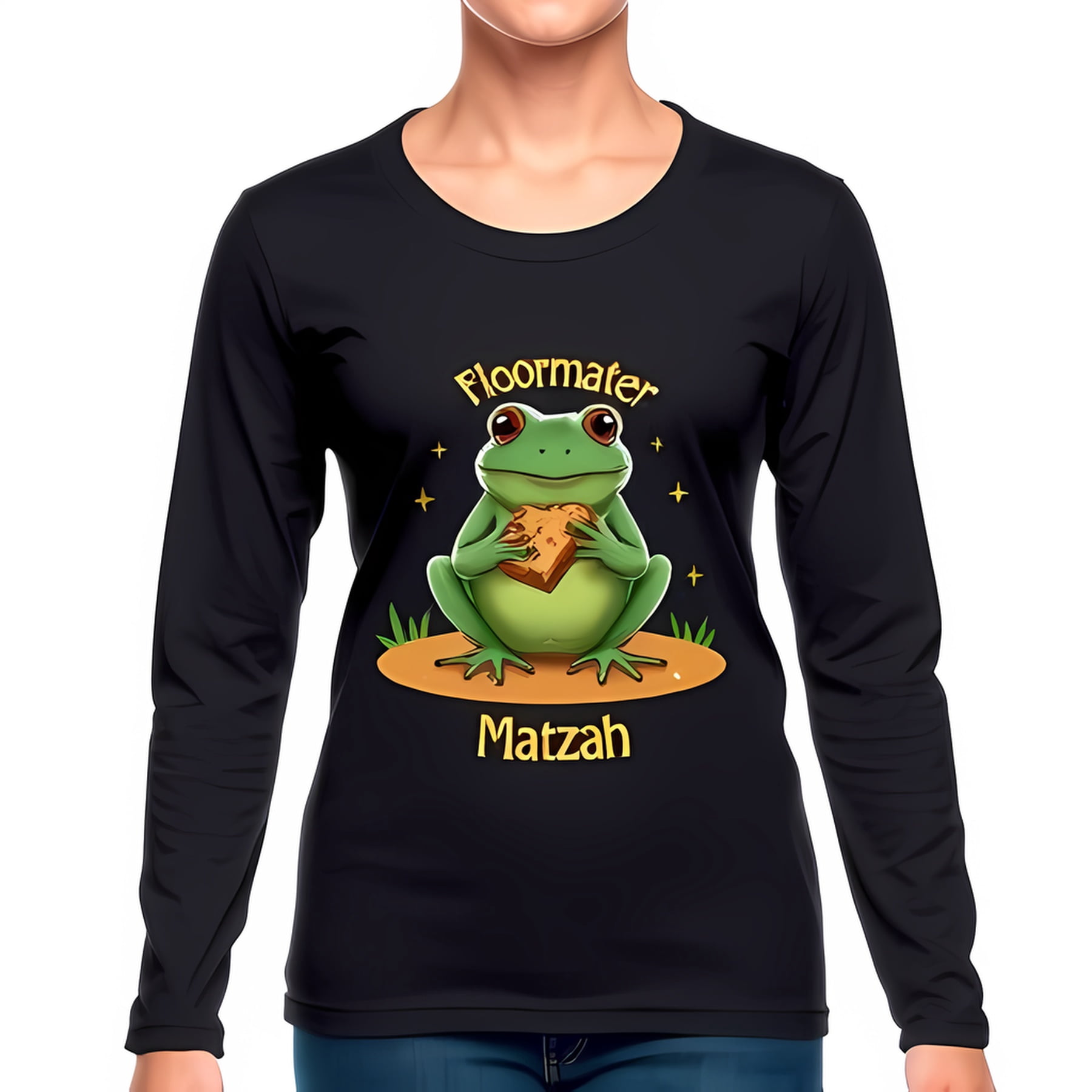 Whimsical Long Sleeve T-Shirt with Green Holding Matzah - 'Floormater ...