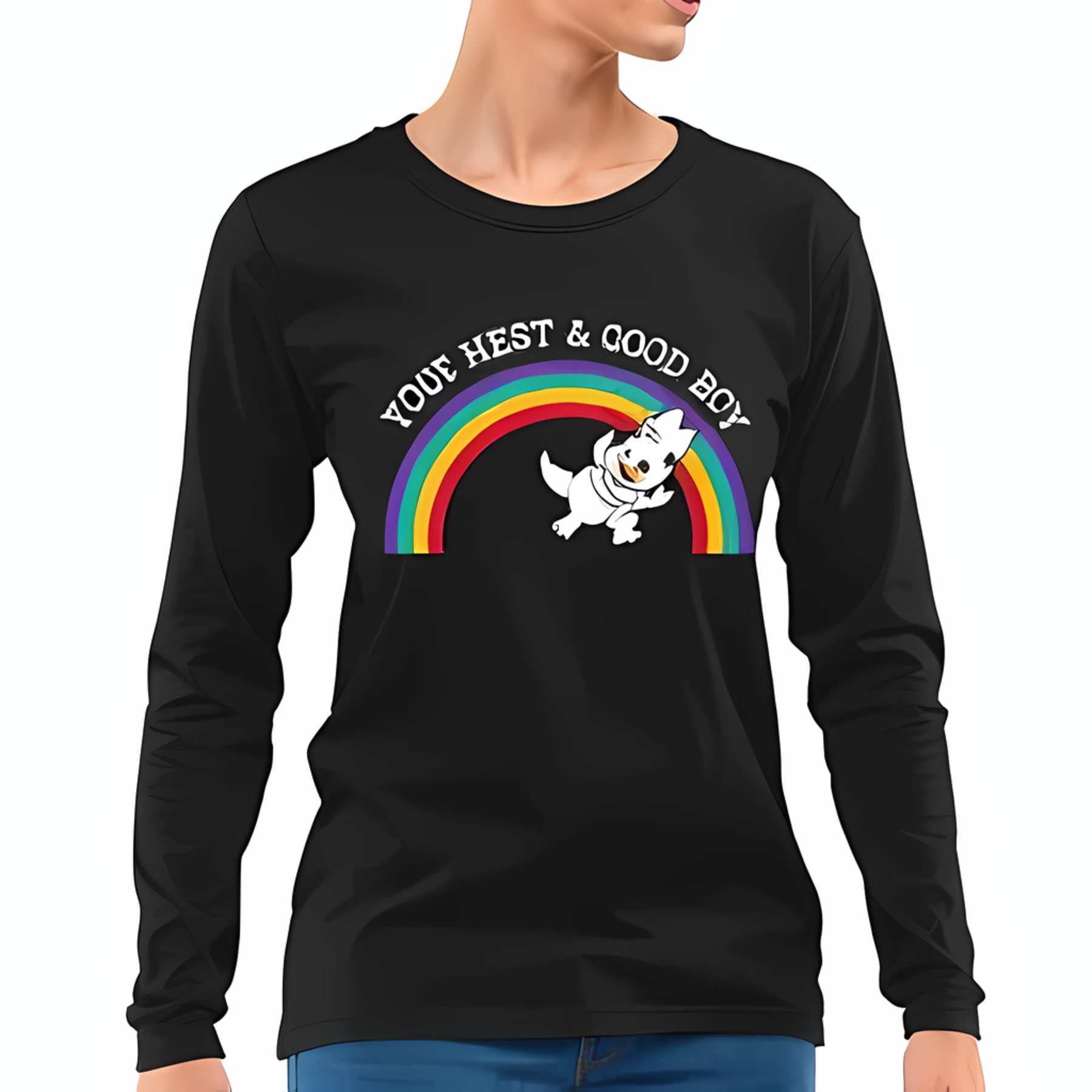 Whimsical Long Sleeve T-Shirt with Rainbow Arch & Playful Creature ...