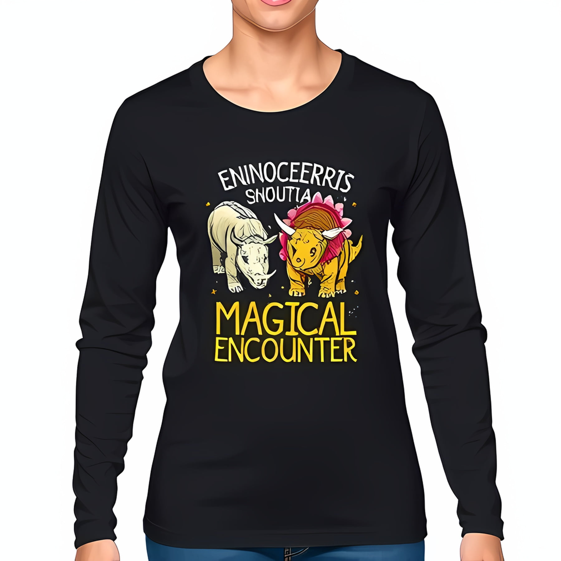 Whimsical Long Sleeve T-Shirt with Rhinoceros and Three-Horned ...