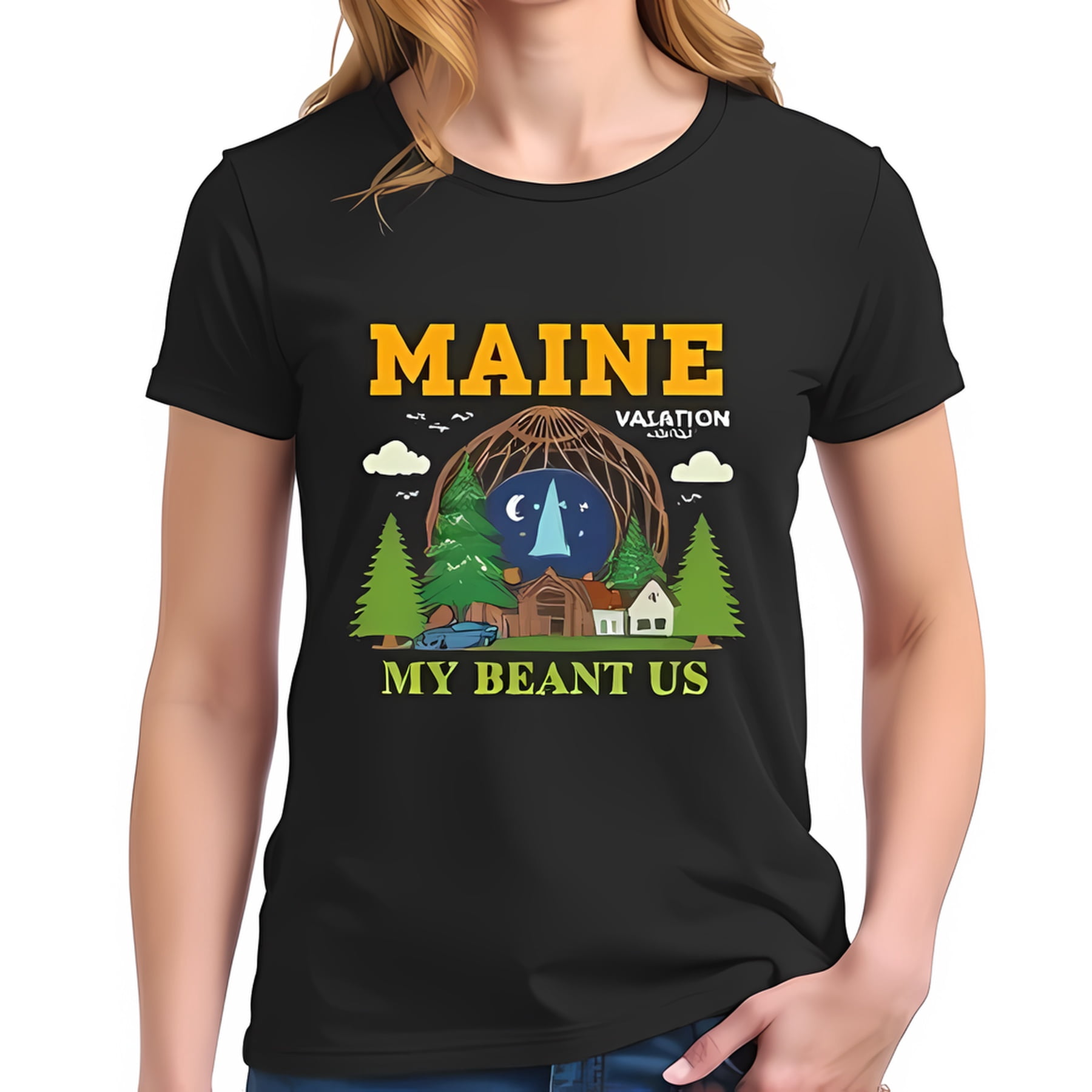 Whimsical Maine Nighttime Scene T-Shirt with Geodesic Dome & Cozy Cabin ...
