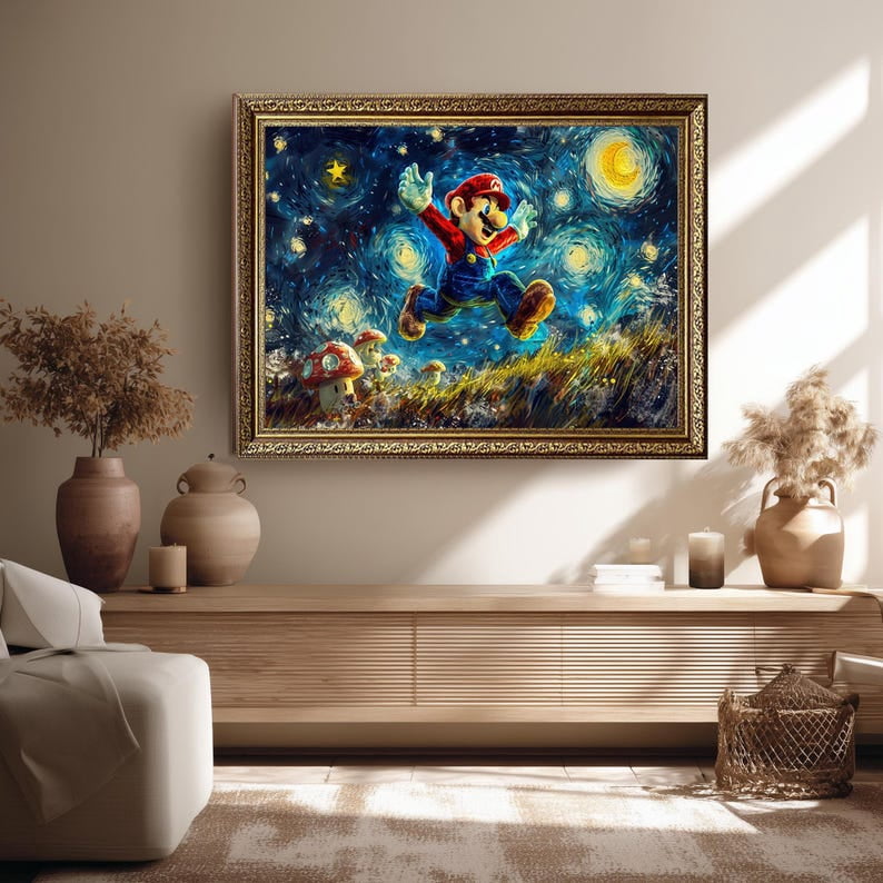 Whimsical Mario Starry Night Wall Art Colorful Video Game Character ...