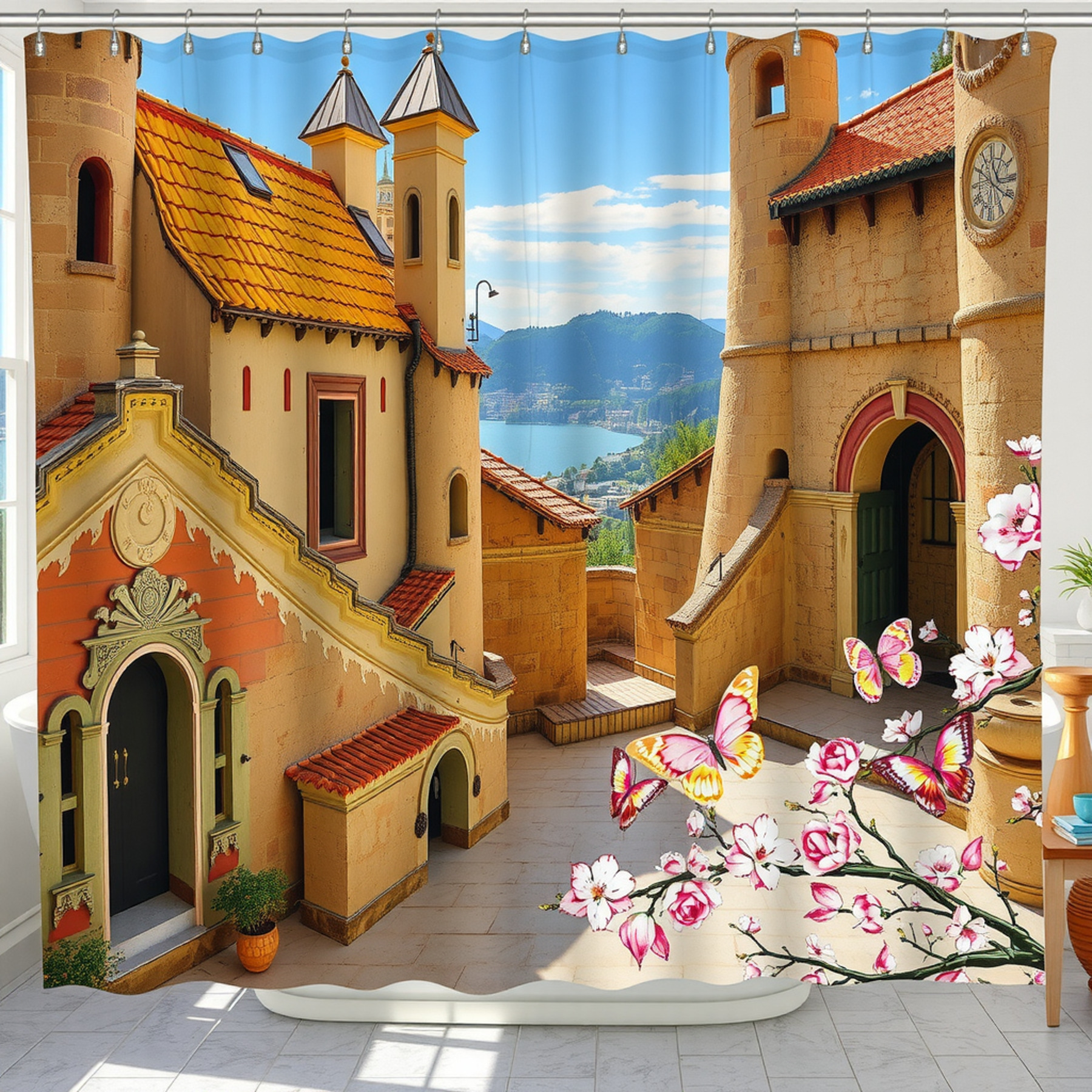 Whimsical Medieval Castle Shower Curtain with Cherry Blossoms ...
