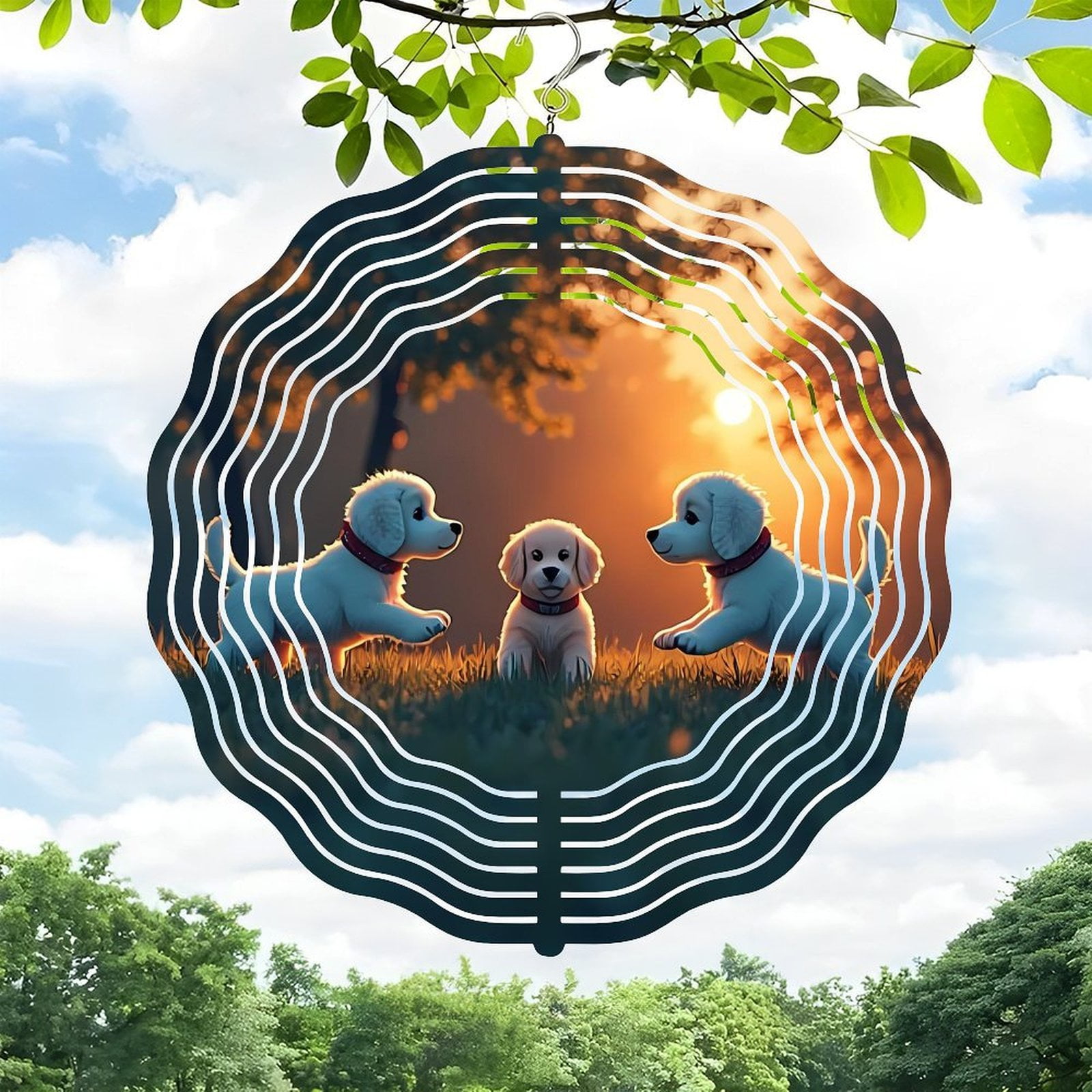 Whimsical Metal Hanging Wind Spinner with Cartoon Dogs & Concentric ...