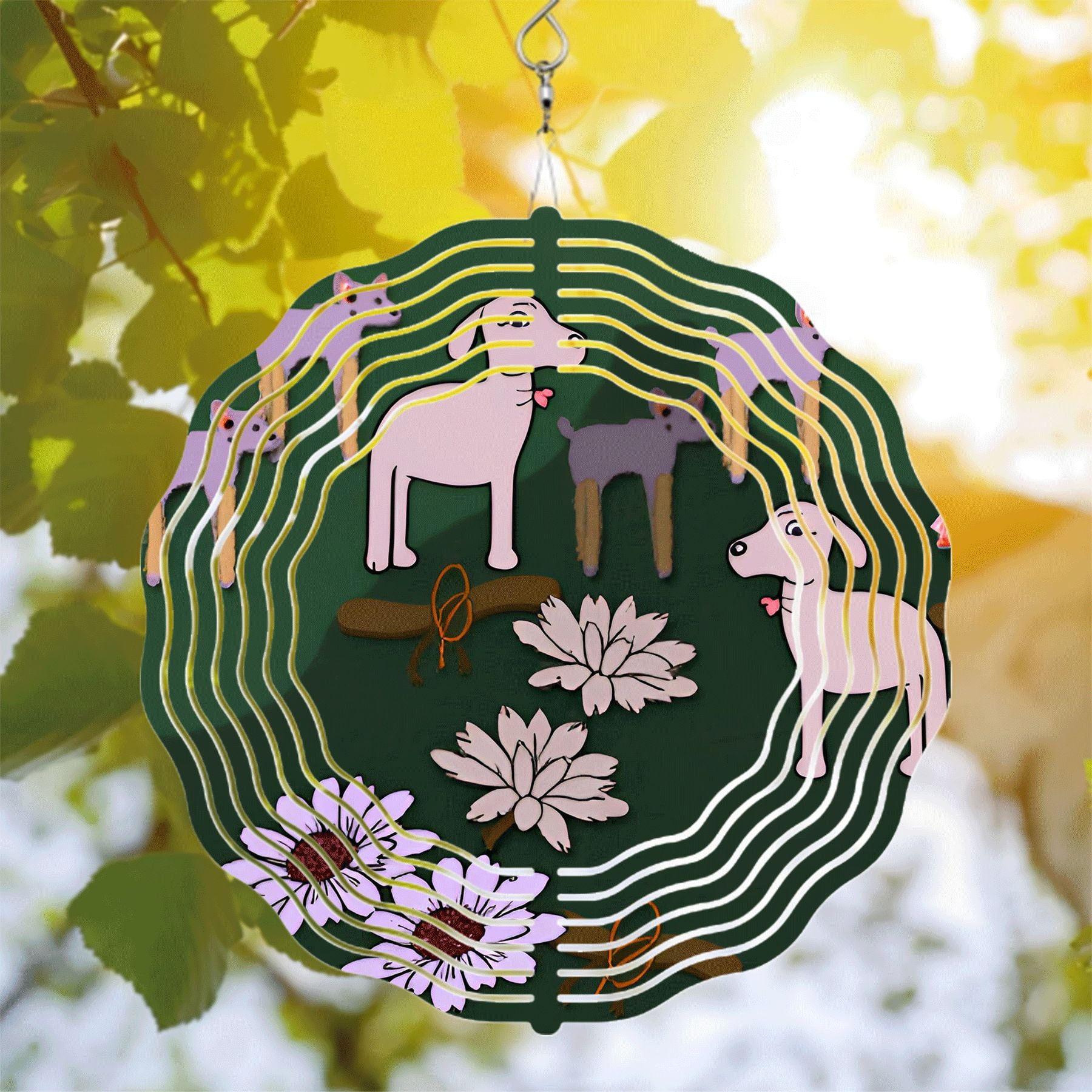 Whimsical Metal Hanging Wind Spinner with Dogs Flowers & Concentric ...