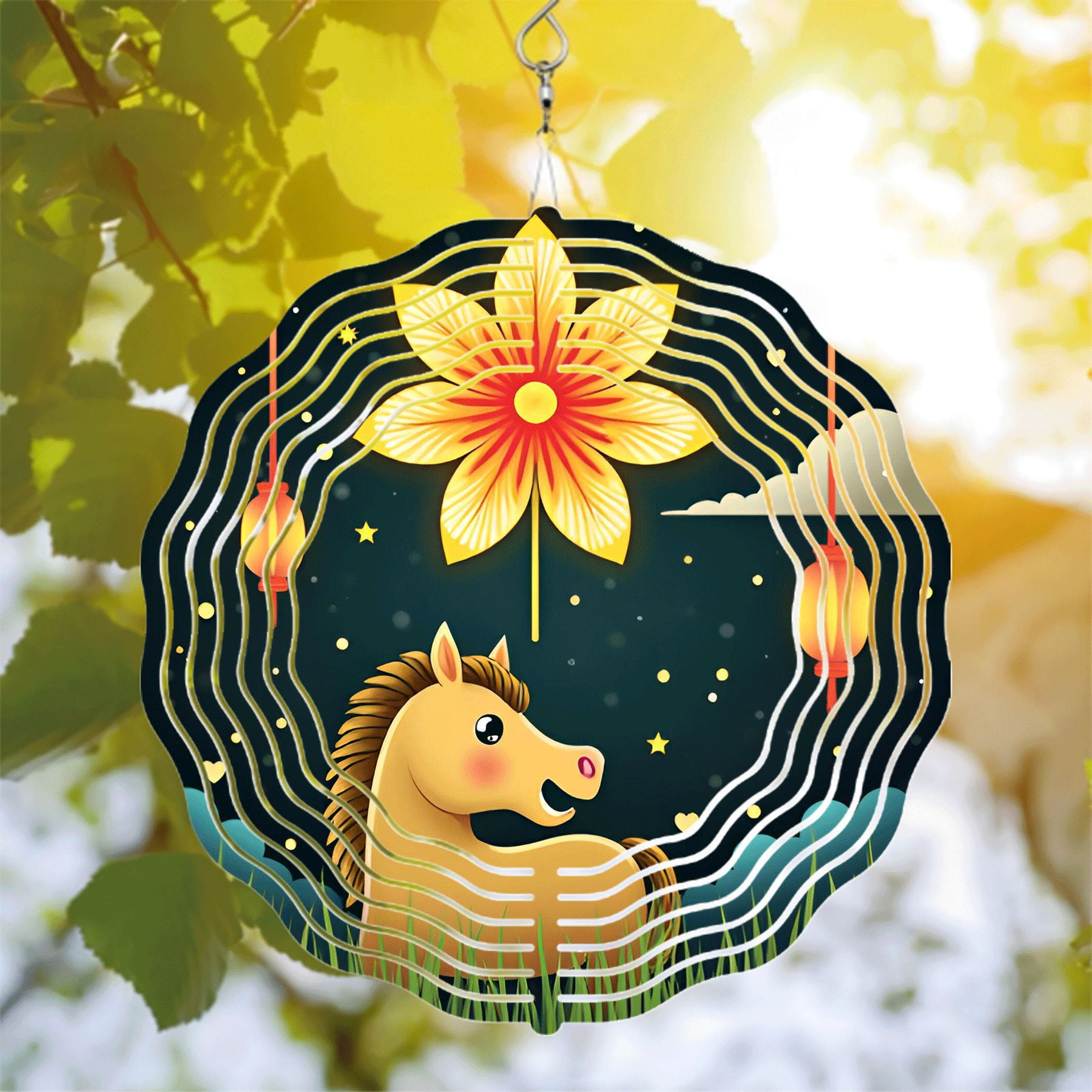 Whimsical Metal Hanging Wind Spinner with Horse & Flower Design ...