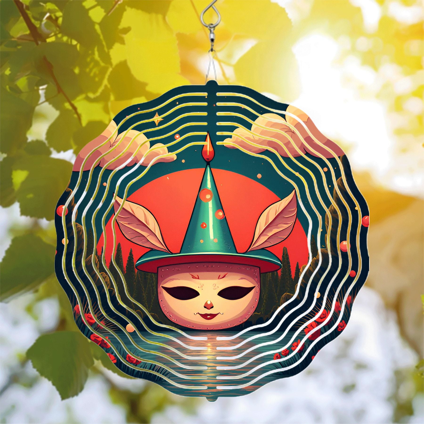 Whimsical Metal Hanging Wind Spinner with Leaf Design - Vibrant Sunset ...