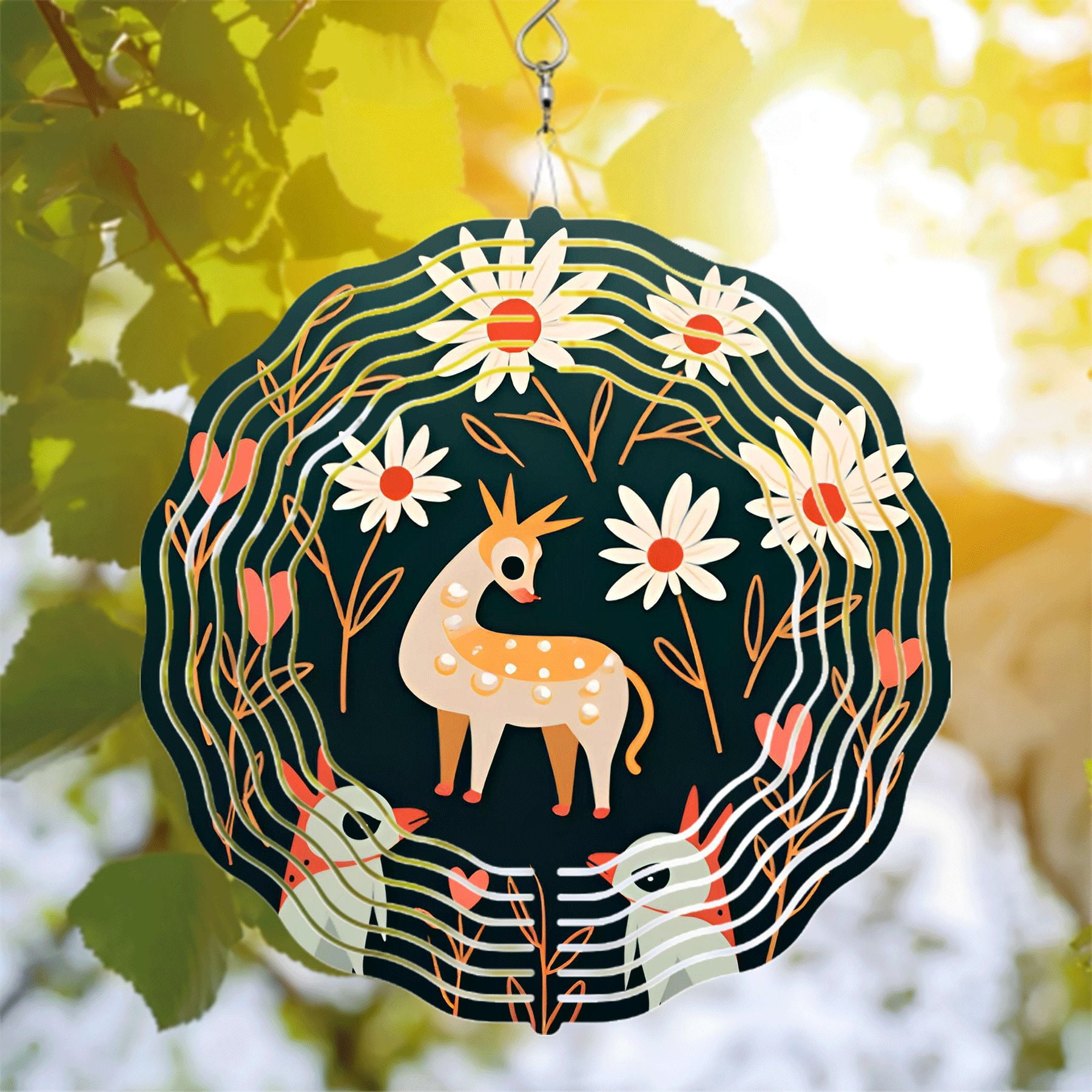 Whimsical Metal Hanging Wind Spinners with Deer & Floral Pattern ...