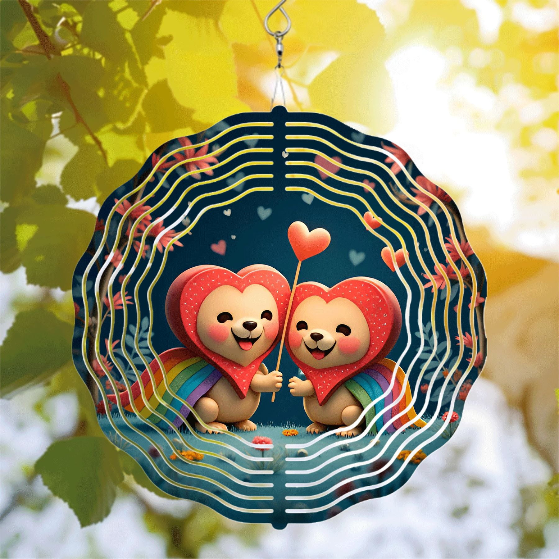 Whimsical Metal Hanging Wind Spinners with Heart and Rainbow Patterns ...