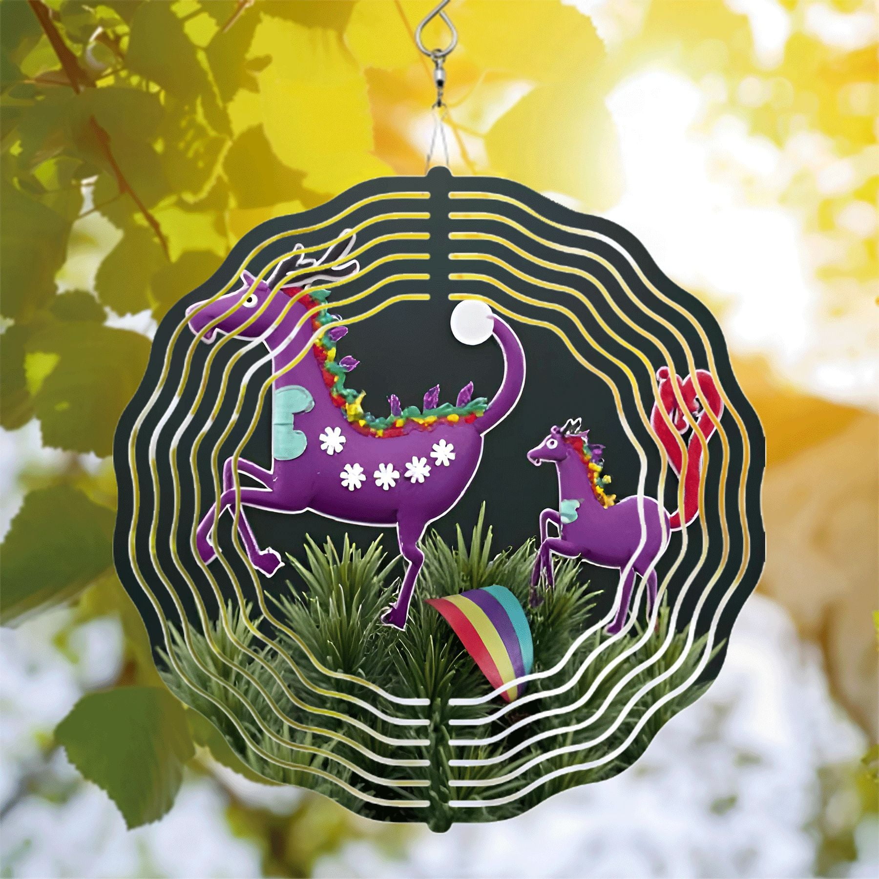 Whimsical Metal Wind Spinner with Spiral Pattern & Colorful Horse ...