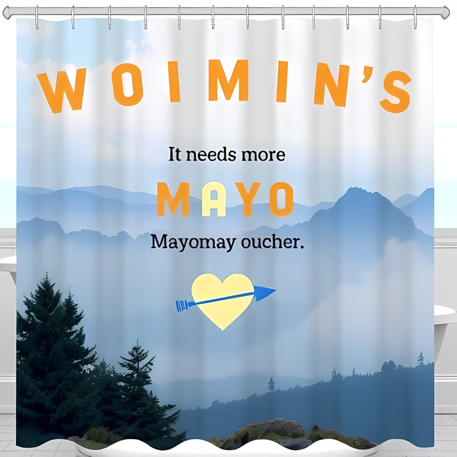 Whimsical Misty Mountain Shower Curtain with Playful 'WOIMIN'S' Text ...