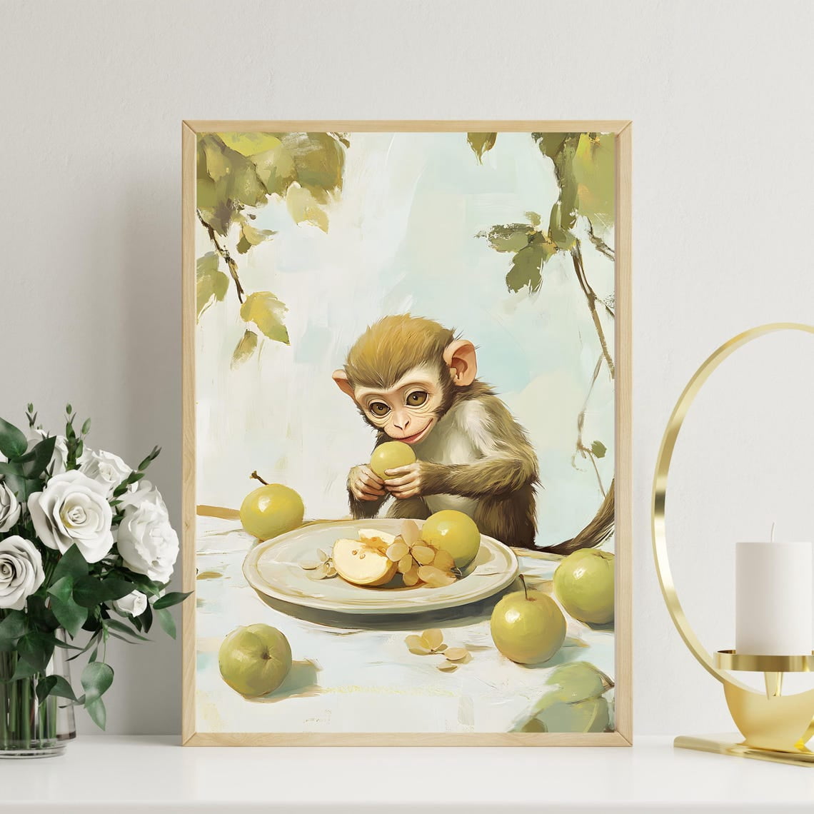Whimsical Monkey Eating Apples Poster, Adorable Monkeyvintage Animal ...
