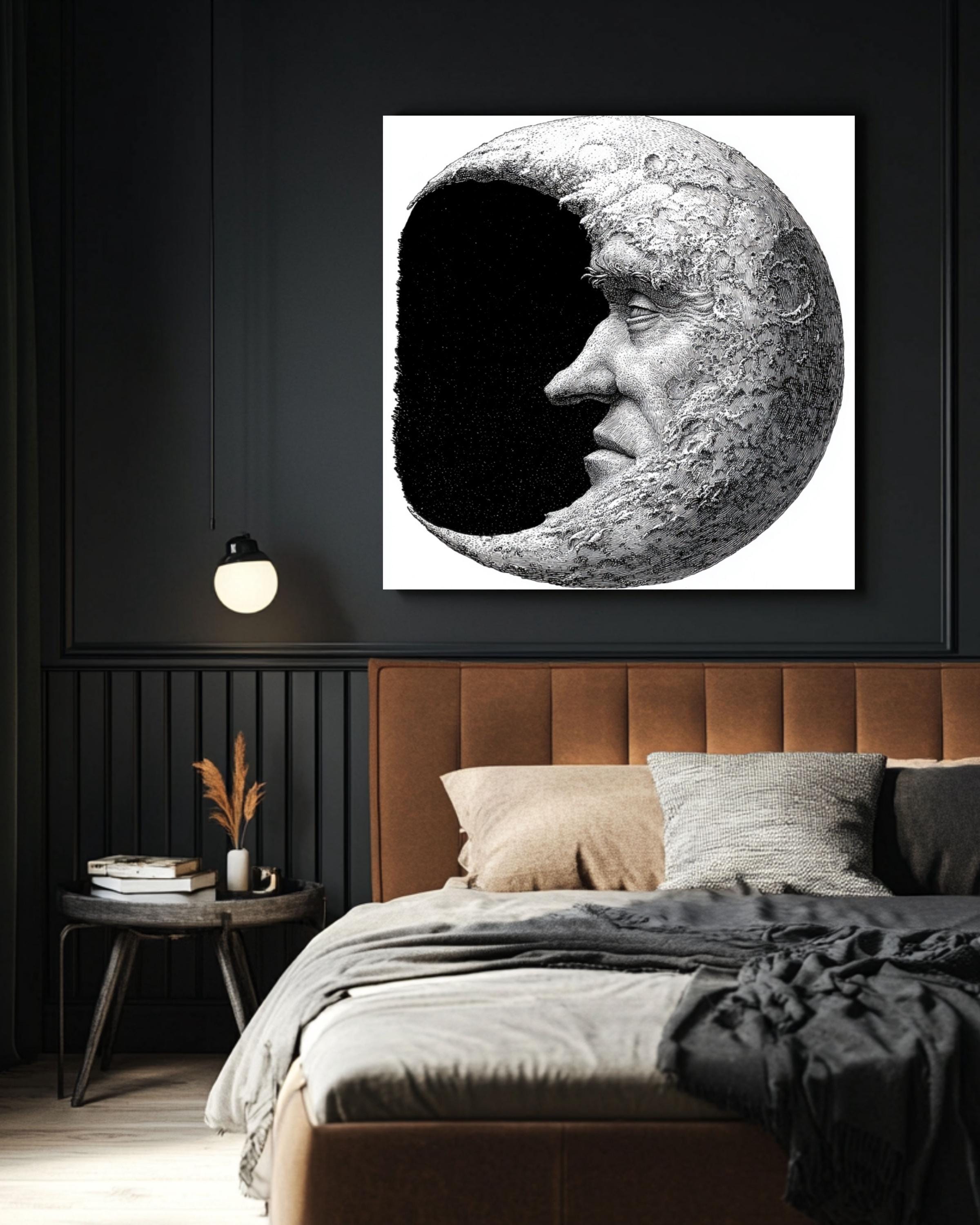 Whimsical Moon Face Art Print: Surrealist Illustration, Gorey ...