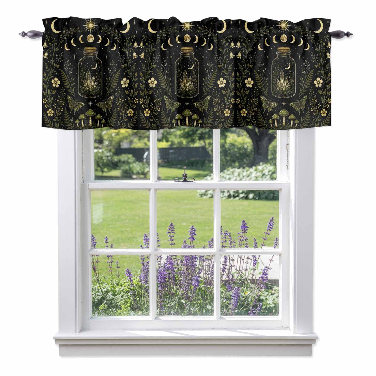 Whimsical Moon Valances for Windows, Mysterious Dark Green Cosmic ...