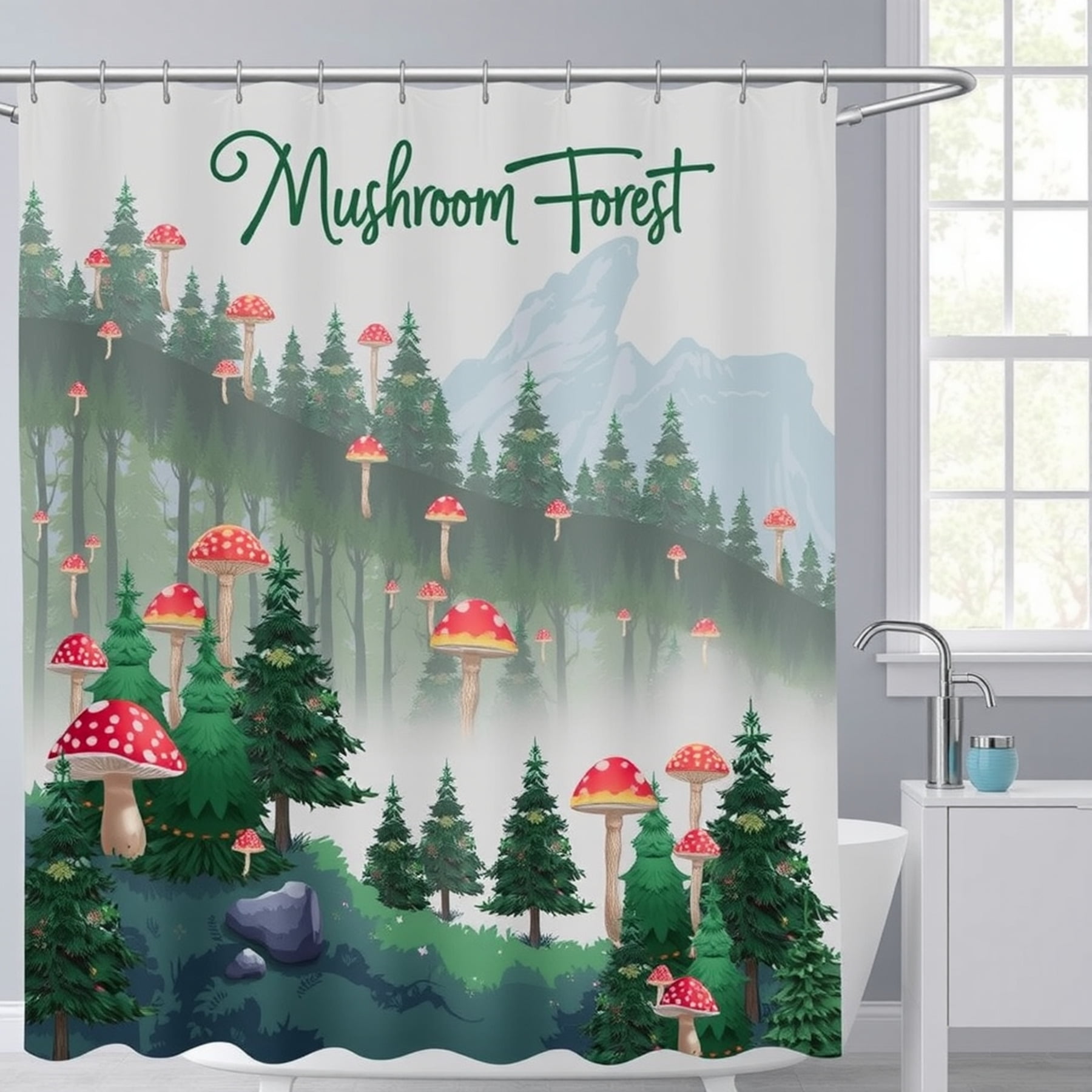 Whimsical Mushroom Forest Shower Curtain - Elegant Cursive Design with ...