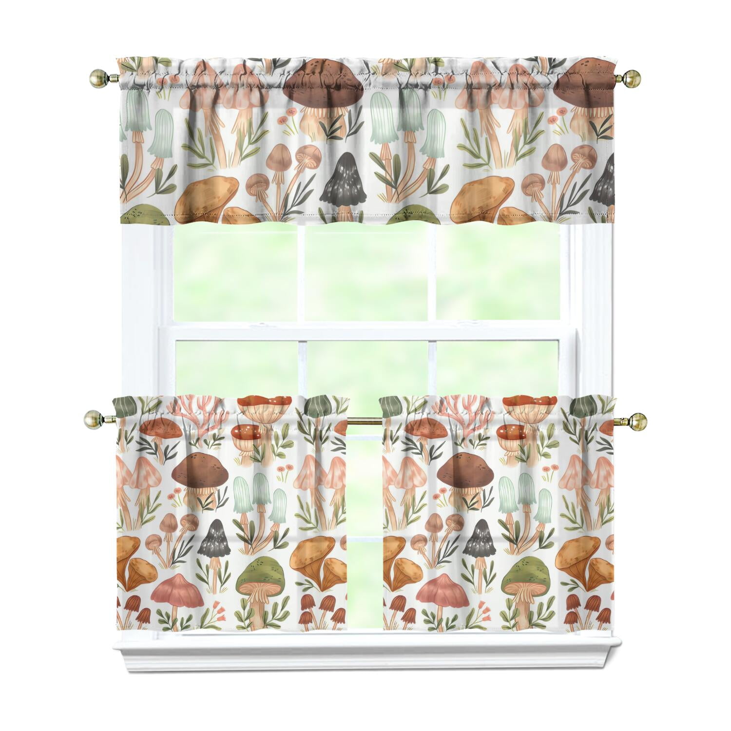 Whimsical Mushroom Kitchen Curtains 3 Piece Set - Botanical Mushroom ...