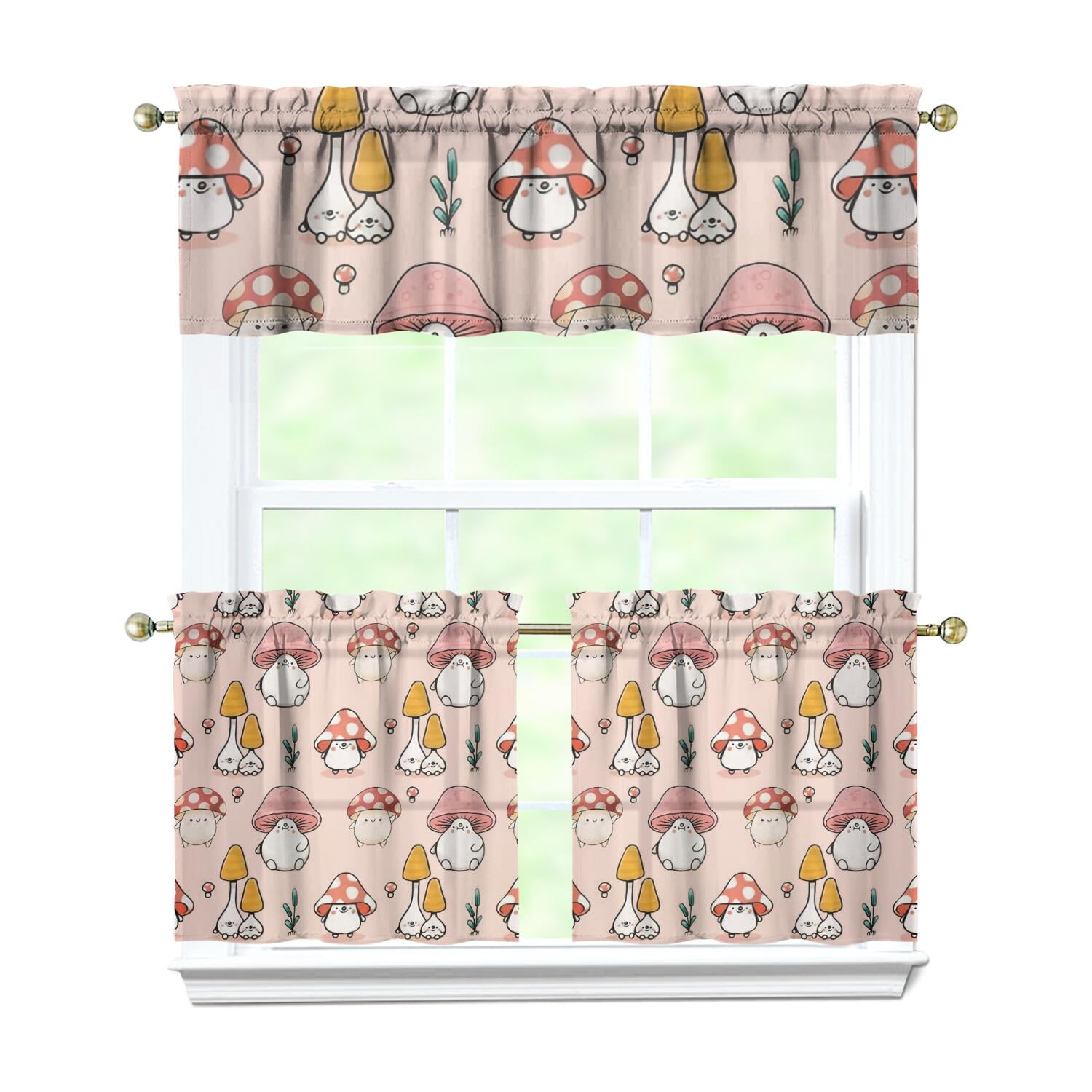 Whimsical Mushroom Kitchen Curtains 3 Piece Set - Botanical Mushroom ...