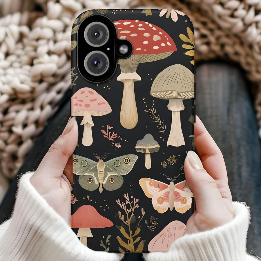 Whimsical Mushroom Moth Phone Case, Cottagecore Forest Fungi Cover with ...