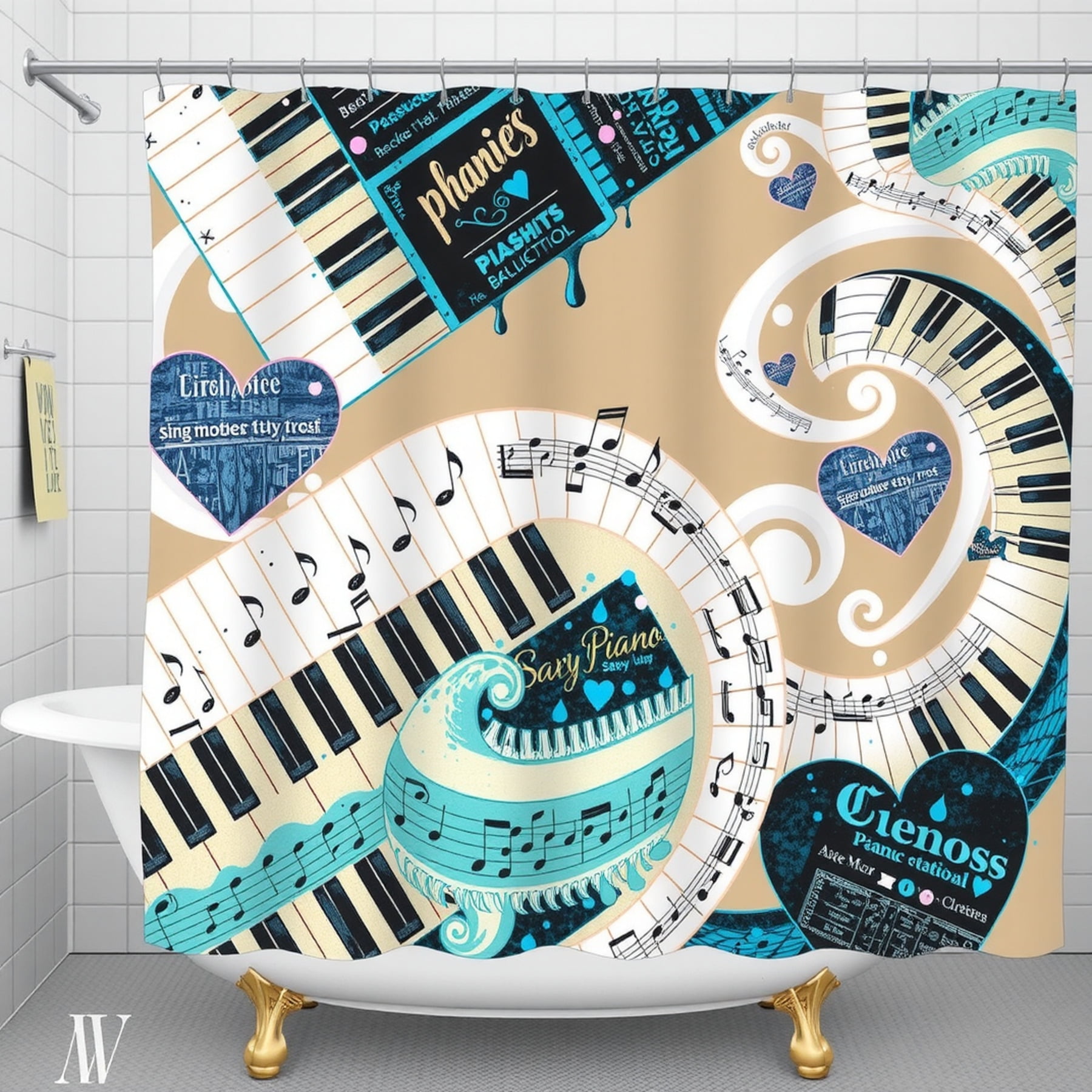 Whimsical Musical Notes & Piano Keys Shower Curtain - Fun Beige Design ...